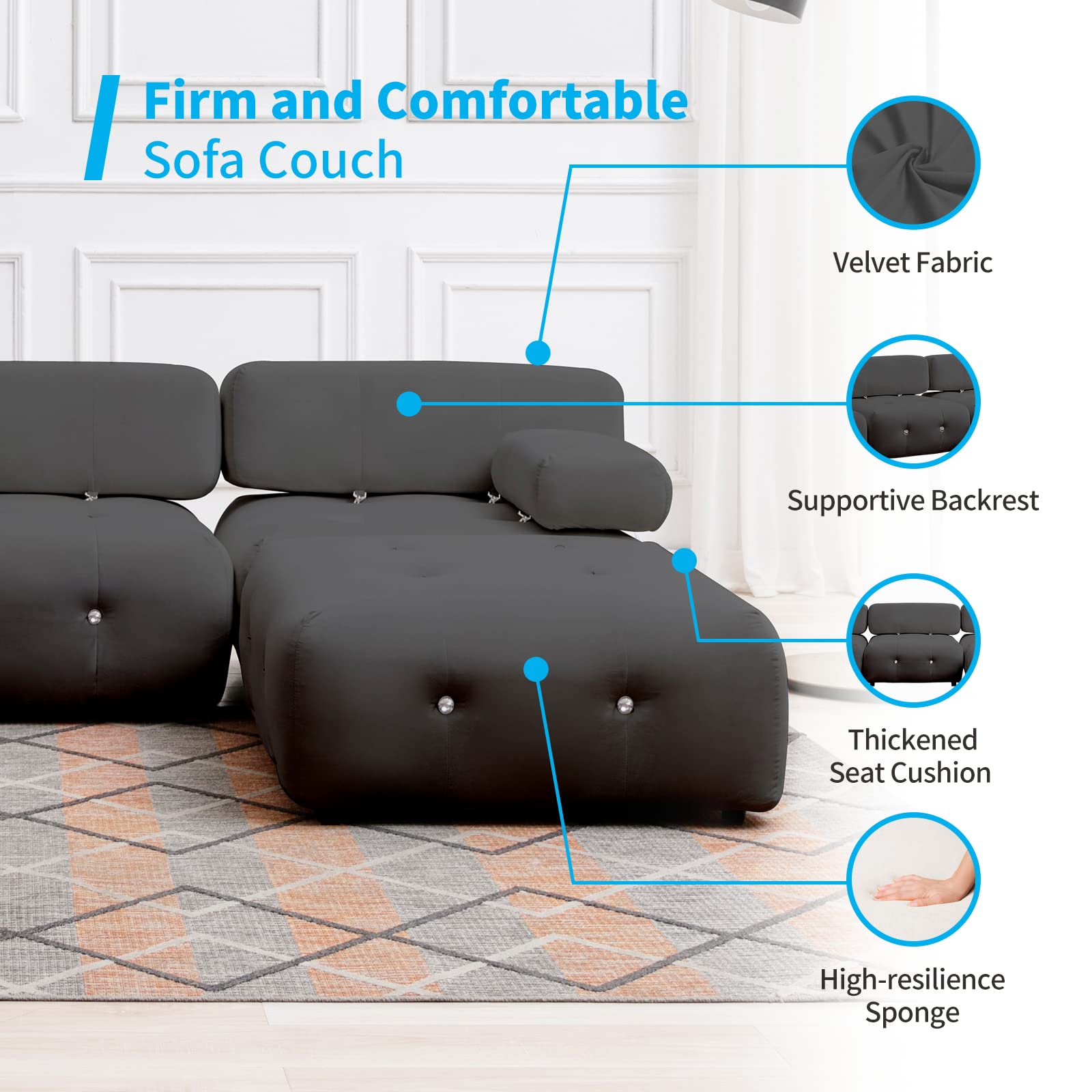 Mjkone Modular Sectional Sofa with Reversible Chaise, Velvet L Shaped Cloud Couch with Reversible Ottoman, 4 Seater Couch Button Tufted Designed, DIY Combination Sofa for Living Room, Dark Grey