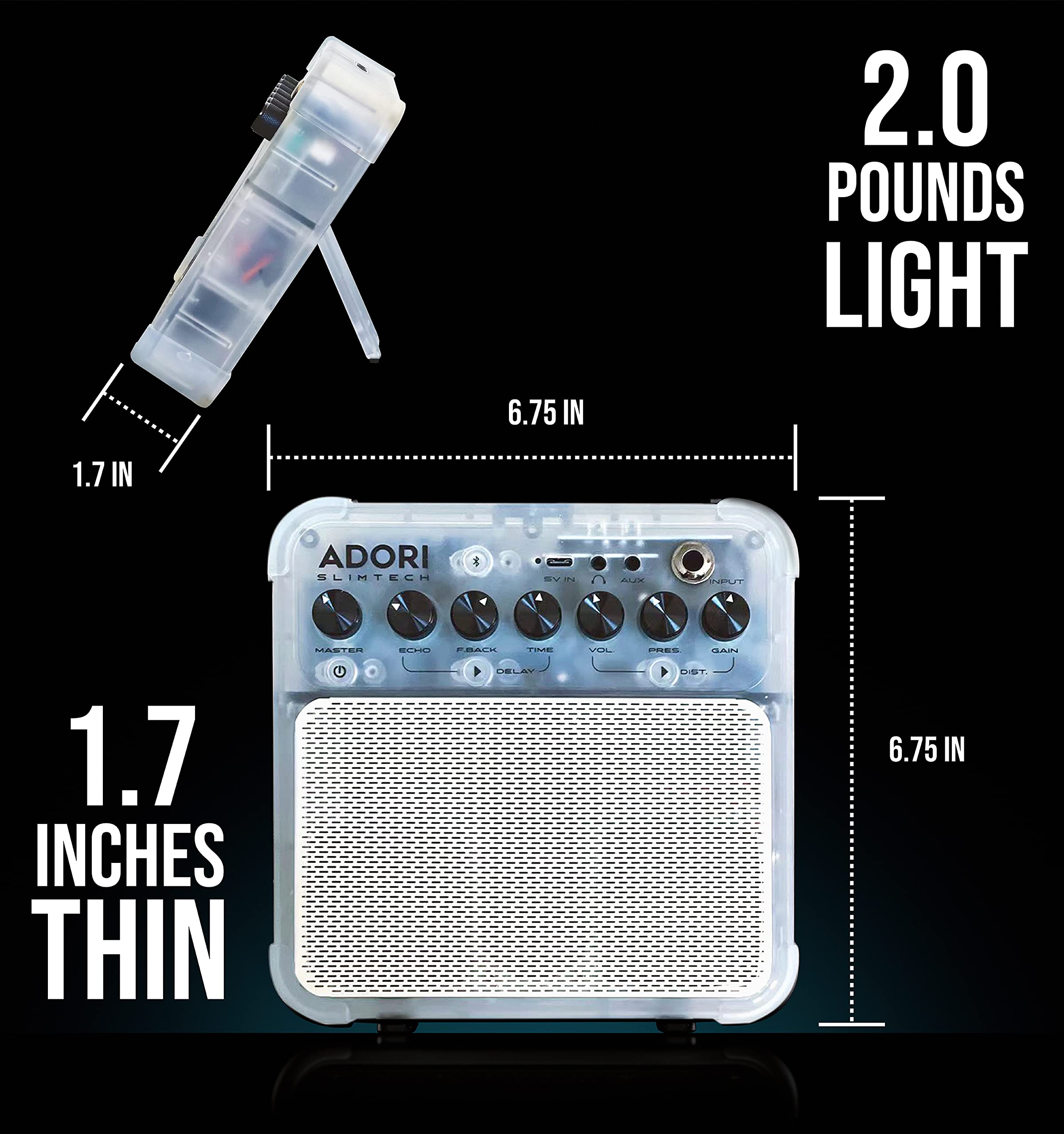 Adori Slimtech - Bluetooth Mini Guitar Amp, Transparent Portable Guitar Amp with Rechargeable Type-C 10 Hour Play. Clear Electric Guitar Practice Amplifier