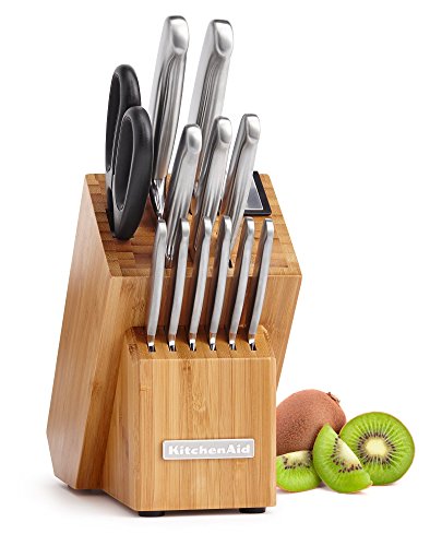 KitchenAid KKFSS14BO 14 Piece Classic Forged Series Brushed Stainless Steel Cutlery Set, Bamboo Wood