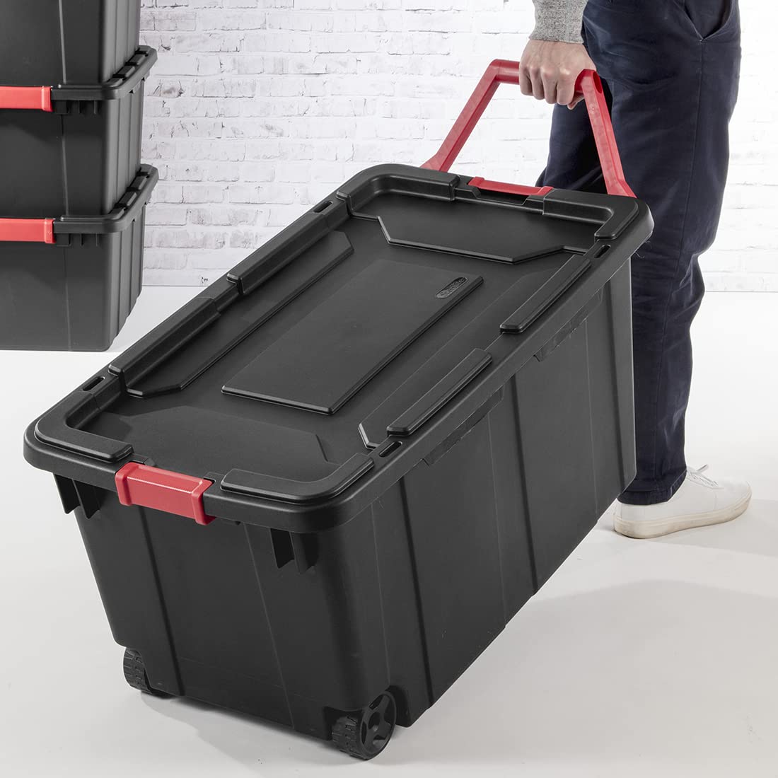 Plastic 40 Gallon Lidded Home Storage Bins, Durable Stackable Industrial Storage Containers Tote, Organizing Tote Tub Box with Wheeled, Moving Boxes, for Basement, Attic, Garage, Set of 2, Black