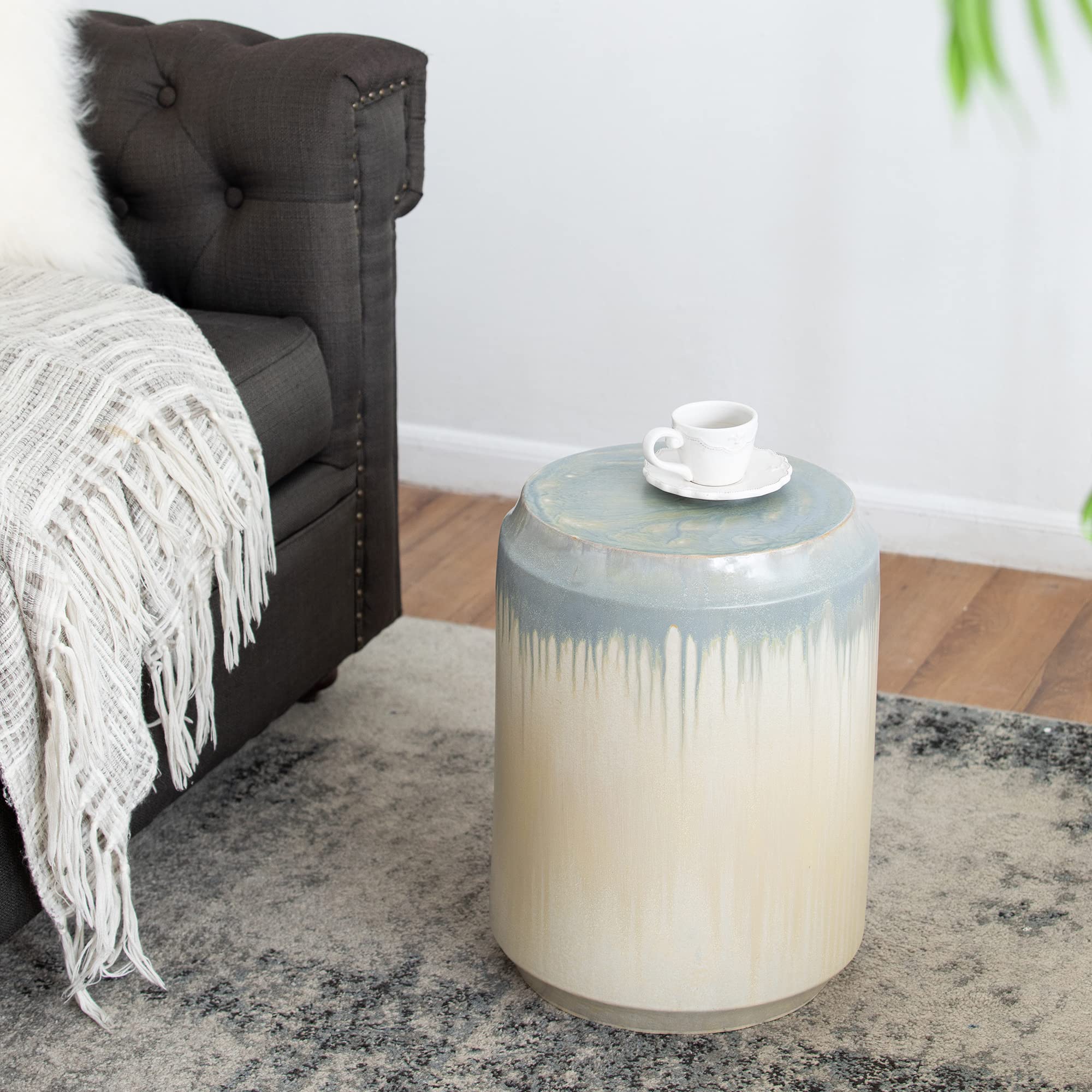 A&B Home Stool - Blue and Beige Ceramic Stool, Live Edge Coffee Table Side Table, Living Room Bedroom Accent Table Plant Stand, 14" x 14" x 18"