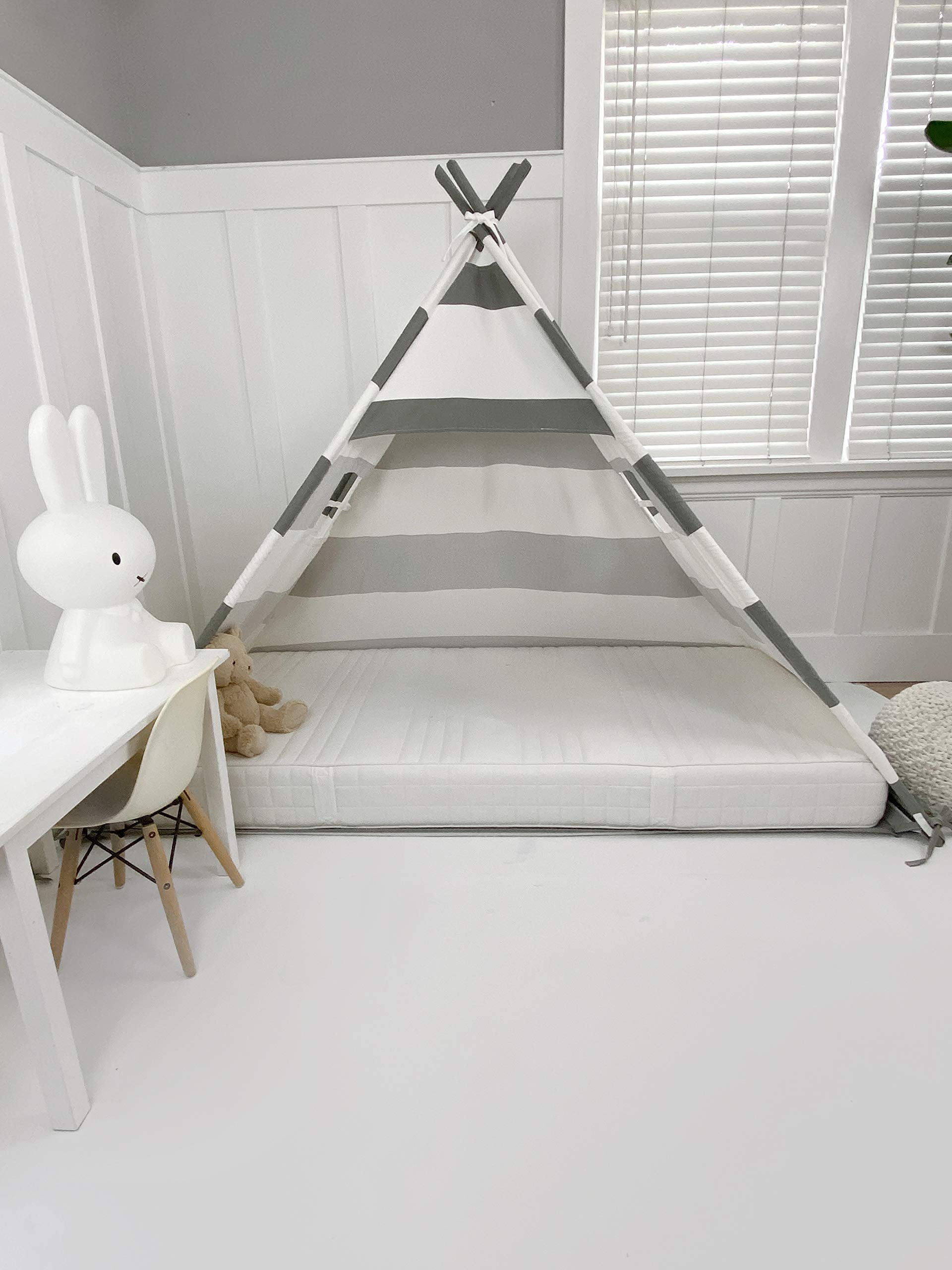 Domestic Objects | Play Tent Bed Canopy | Teepee for Mattress | 100% Cotton Canvas | Premium Quality (Twin/Single No Door) (Gray Stripes)