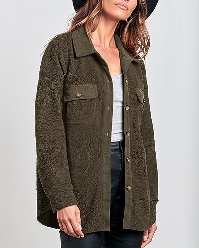 BTFBM Women's 2023 Fall Winter Button Down Shirts Sherpa Jacket Warm Long Sleeve Outerwear Faux Fur Shacket with Pockets(Solid Army Green, X-Large)