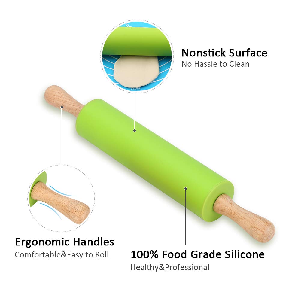 Alimat PluS Silicone Rolling Pin - Dough Roller for Pizza, Cookie with Wooden Handle & Nonstick Surface - 2 Pack Rolling Pins for Baking (9+12 Inch)