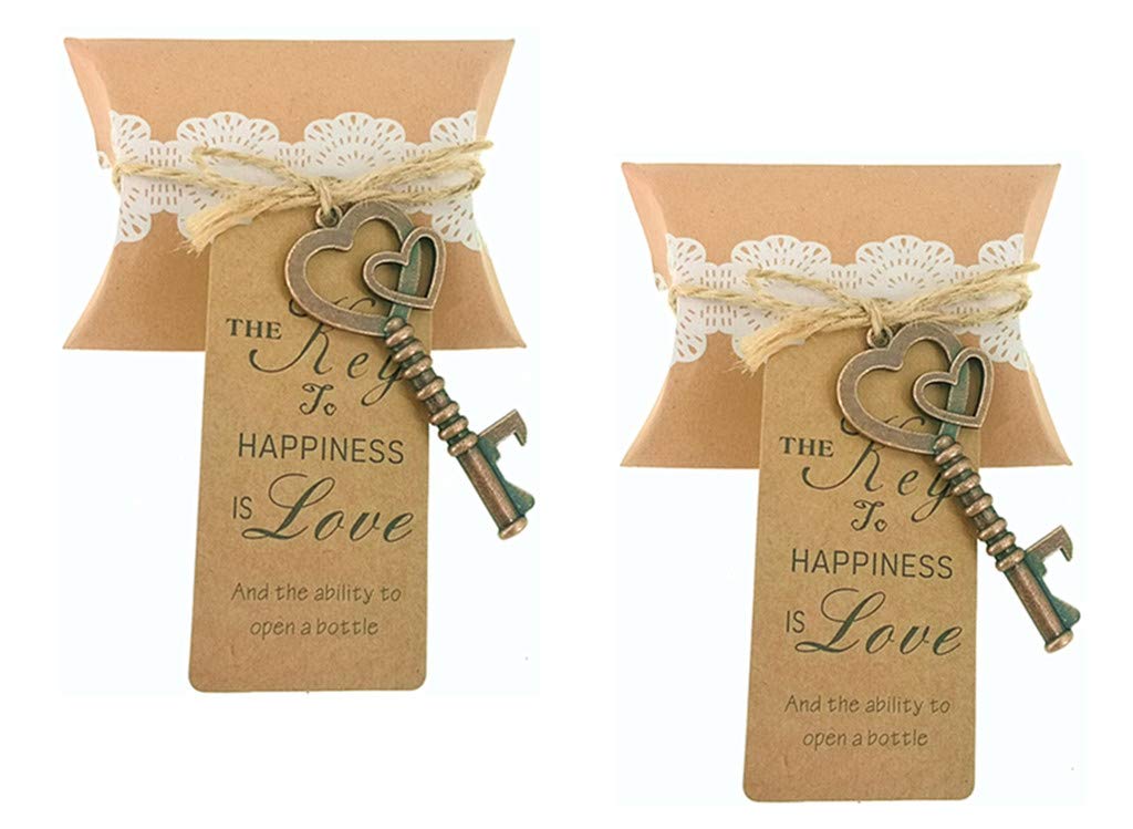 ALIMITOPIA 50pcs Double-heart Key Bottle Opener Wedding Party Favor Souvenir Gift with Candy Box Escort Tag and Jute Rope(Copper Tone)