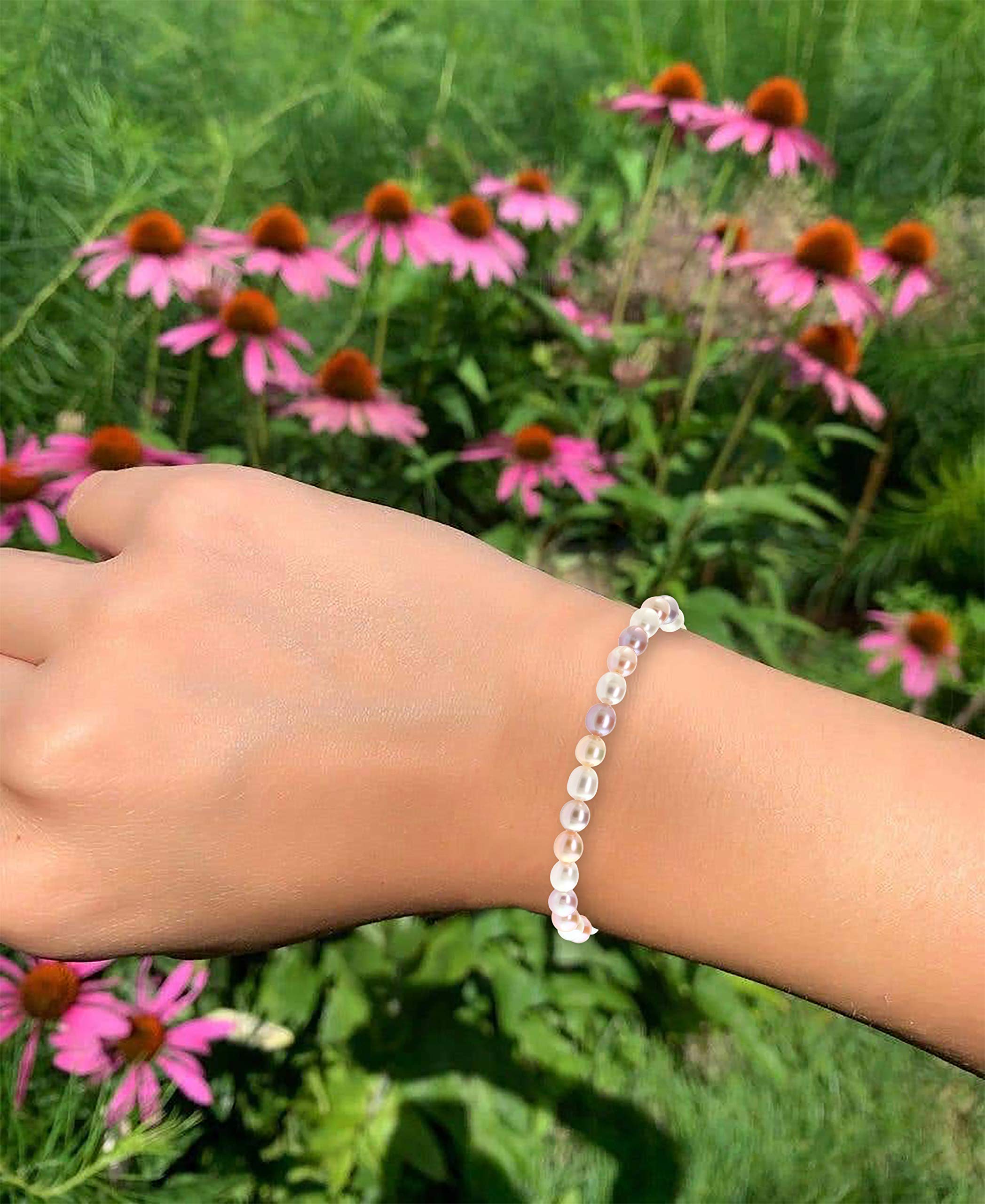 AAAA 6-6.5mm White, Natural Pink, & Natural Peach Colored Round Freshwater Cultured Pearl Bride & Bridesmaid Stetch Strand Bracelet- 7"