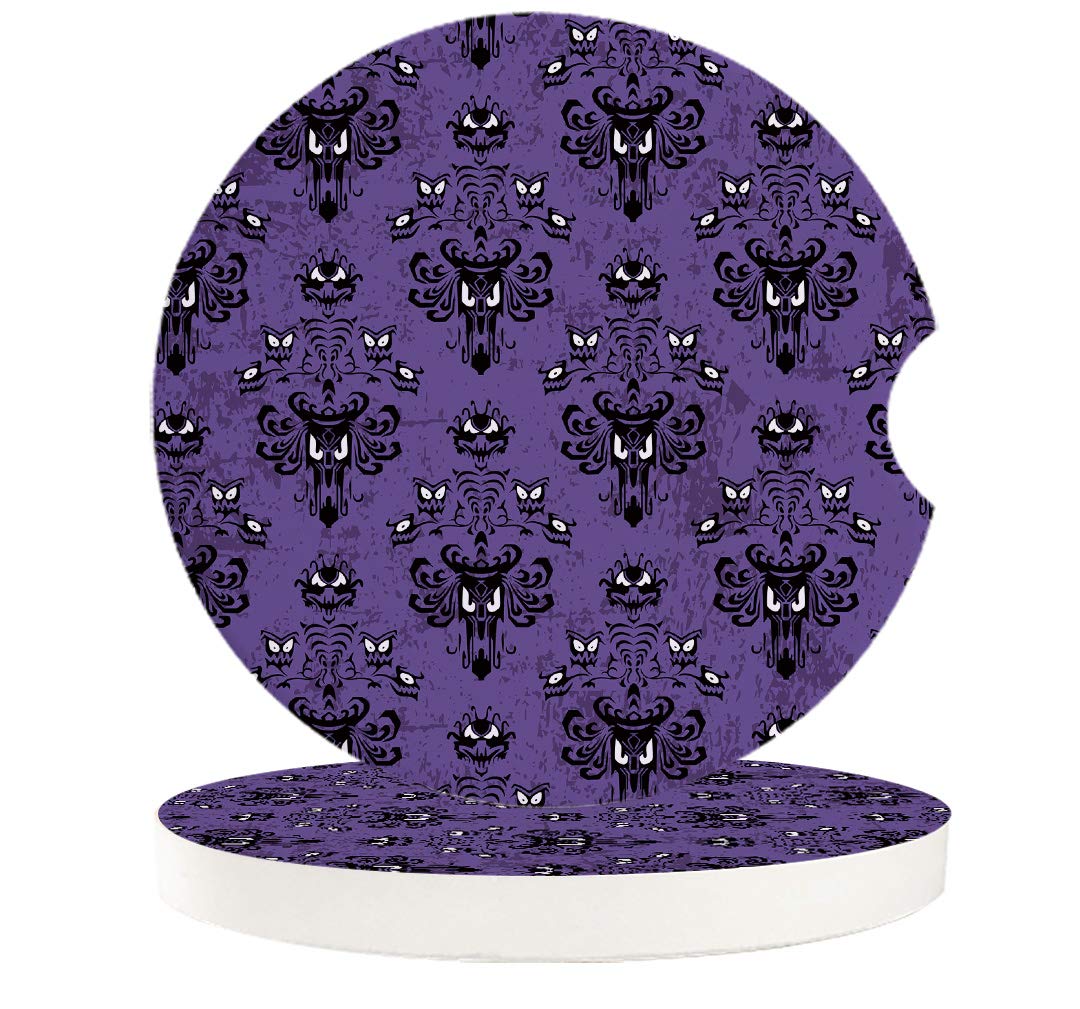 Absorbent Ceramic Car Coasterss Halloween Haunted Mansion Design, Drink Coaster Cup Holders with A Finger Notch for Easy Removal of Auto Cupholder, Purple Black Set of 2