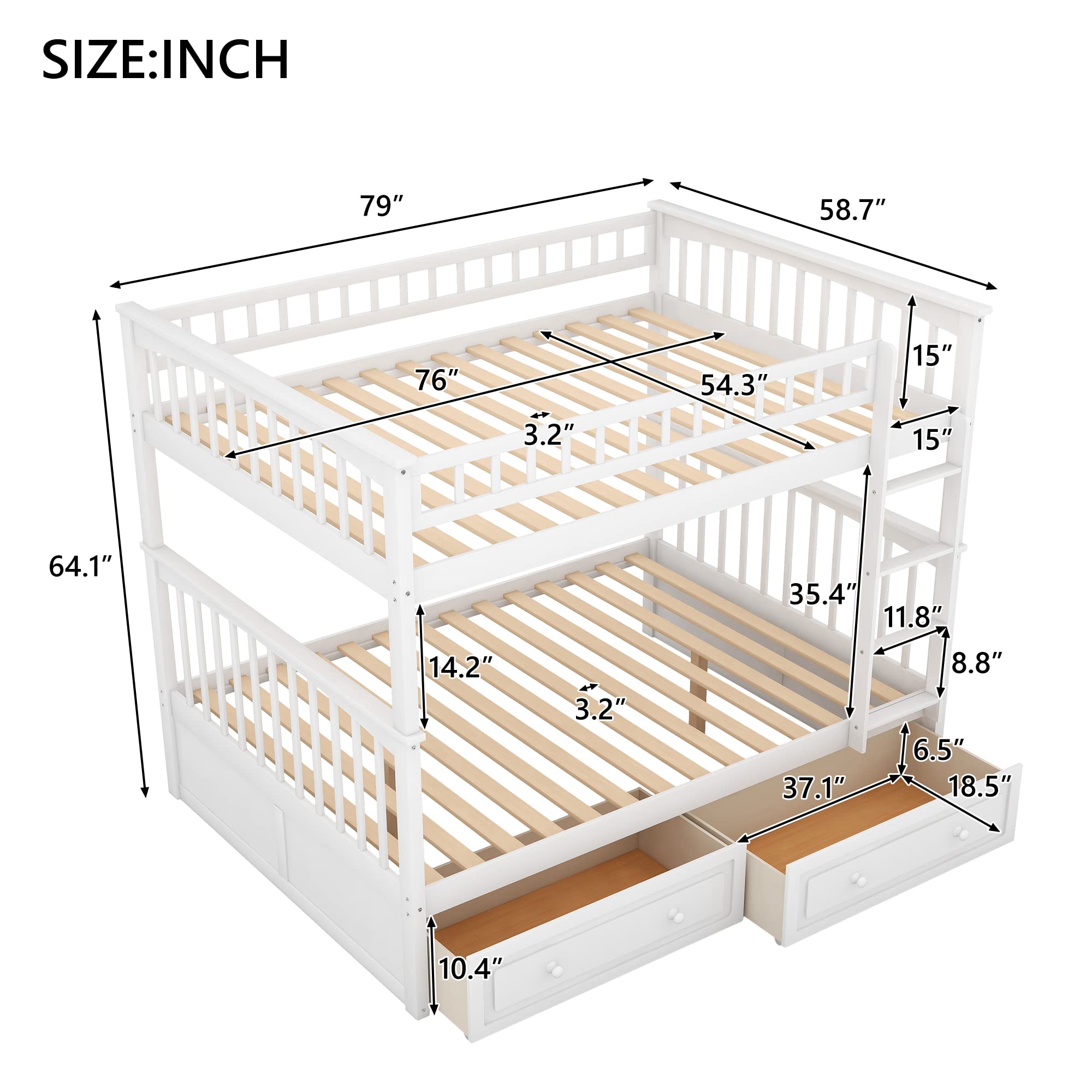Merax Full-Over-Full Bunk Bed, Solid Wood Full Size Bunk Bed with Two Storage Drawers, Convertible Bunk Bed Can be Converted Into Two Full Size Daybeds (White)