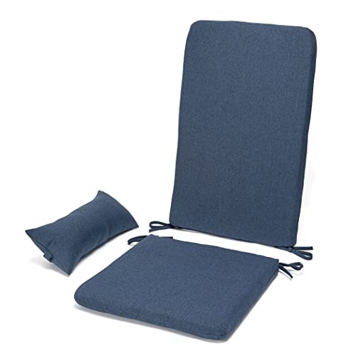 Klear Vu Rumba Adirondack Chair Cushion with Ties and Water-Repellant Fabric for Outdoor Furniture-Includes Seat Pad, Back Pillow and Headrest/Lumbar Support, 3 Piece Set, Indigo