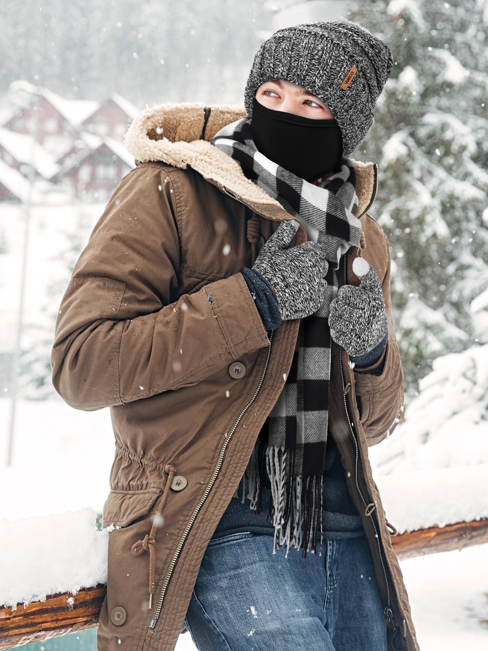 Aneco Winter Warm Sets Buffalo Plaid Scarf Knitted Beanie Hat Gloves Earloop Warm Cover for Men and Women