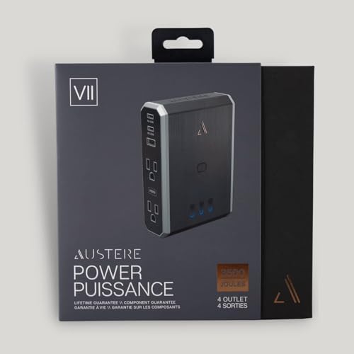 Austere VII Series Outlet Extender Wall Charger, 4 Outlets Surge Protector Power Strip, 2 USB C & 1 USB A 2.4 amp, 20W & 45W Power Delivery | 3500 Joules, EMI/RFI Filtering, 6 Year Component Guarantee