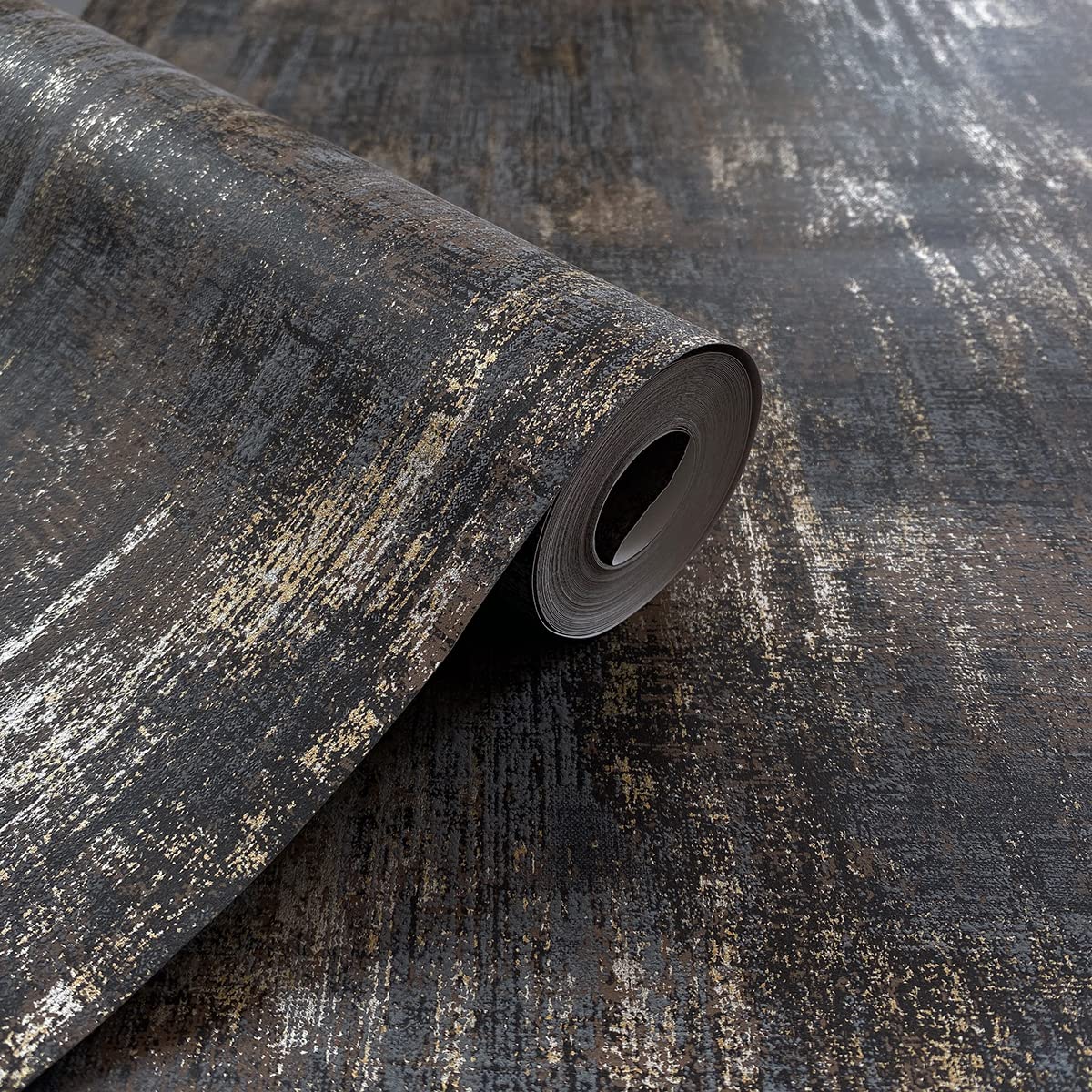 AM1NAH Distressed Wallpaper Industrial Metallic Wall Paper Non-Woven, 20.80'' X 393.00'', Charcoal & Gold