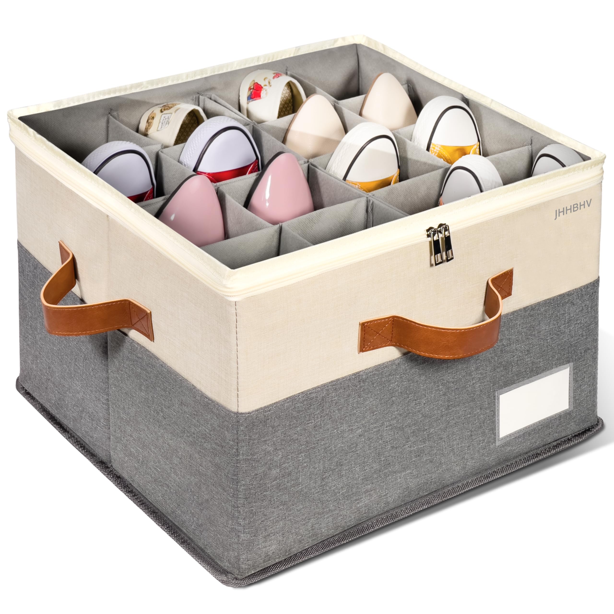 LZOTIC Shoe Organizer for Closet, Adjustable Shoe Box Storage Containers, Large Foldable Shoe Storage Bins with Clear Cover, Space Saving Shoes Holder with 4 Handles, Fits 8-16 Pairs, 1 Pack, Beige