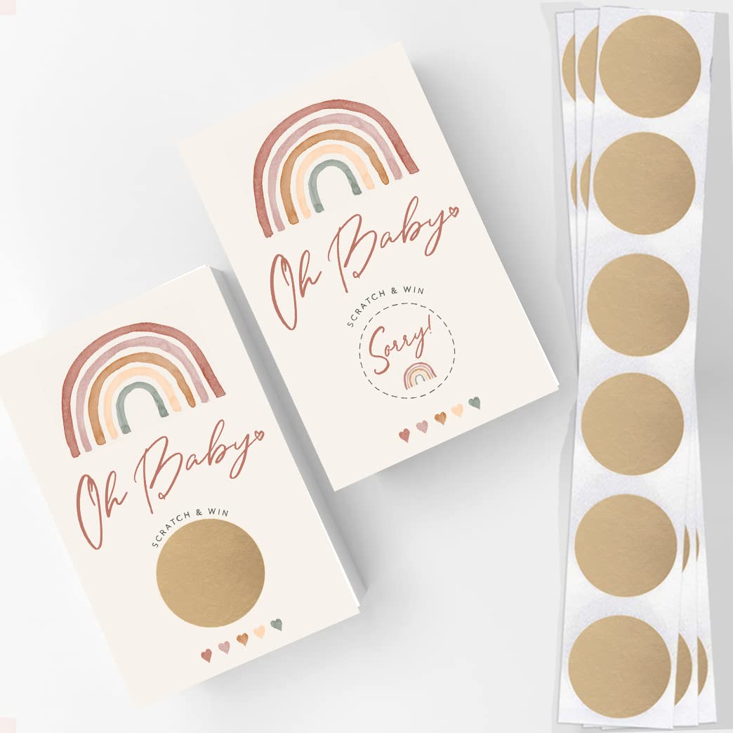 Printed Party Baby Shower Game – Rainbow Scratch Off Cards for Girl, Boho Theme, 30 Cards & Stickers