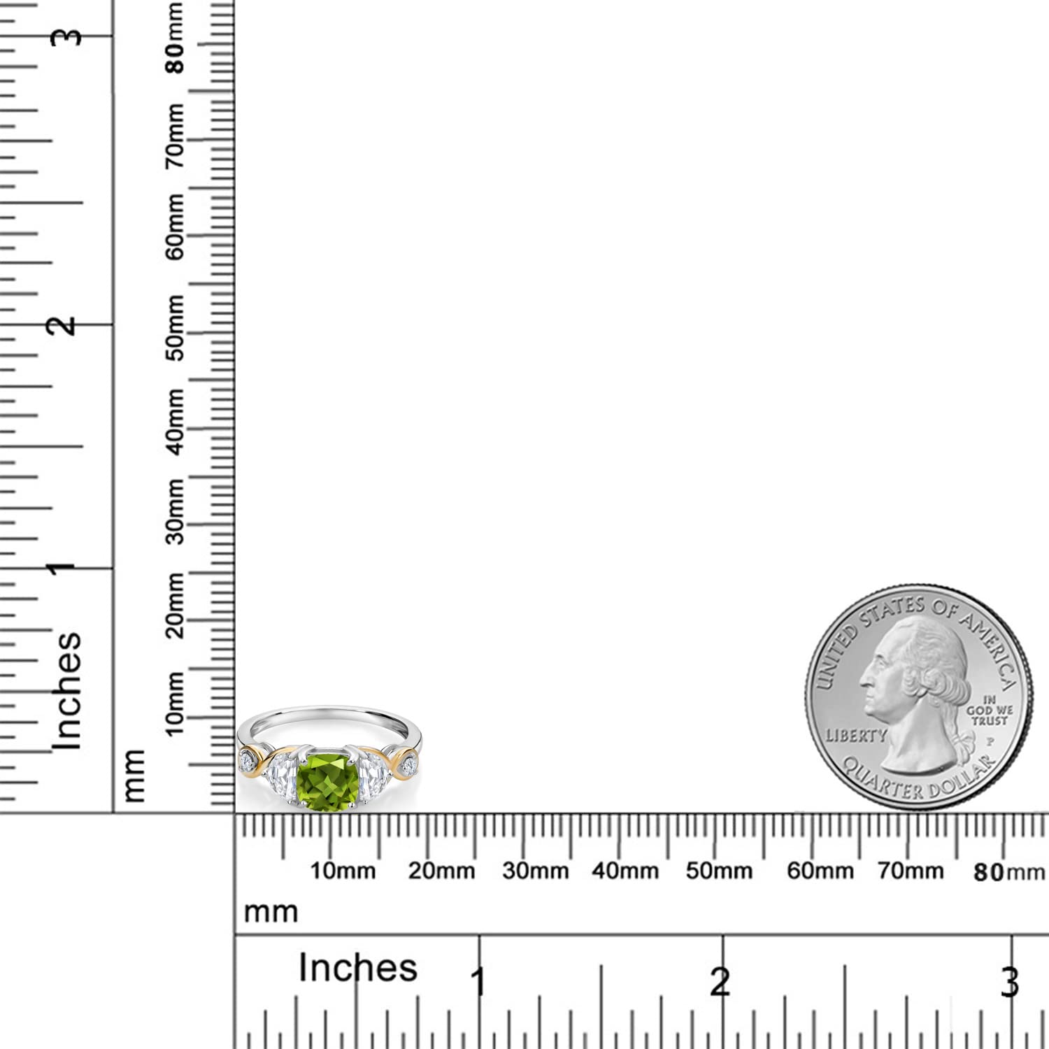 925 Silver and 10K Yellow Gold Cushion Peridot Half Moon Moissanite and White Lab Grown Diamond 3-Stone Engagement Ring For Women (1.51 Cttw, Gemstone Birthstone, Available In Size 5, 6, 7, 8, 9)