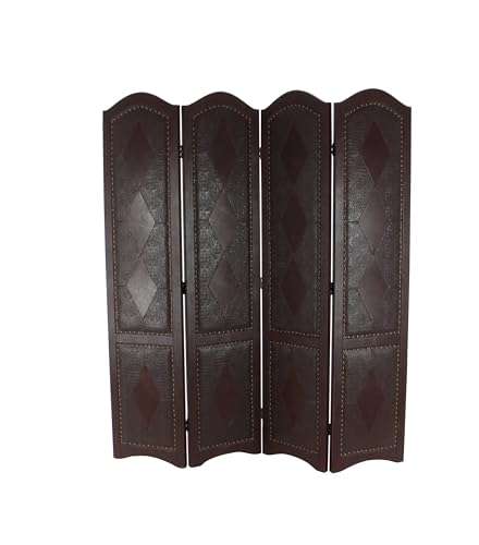 Deco 79 Faux Leather Scroll Partition Room Divider Screen Hinged Foldable Partition 4 Panel Privacy Screen with Faux Leather Detailing, Room Partition 64" x 1" x 71", Brown