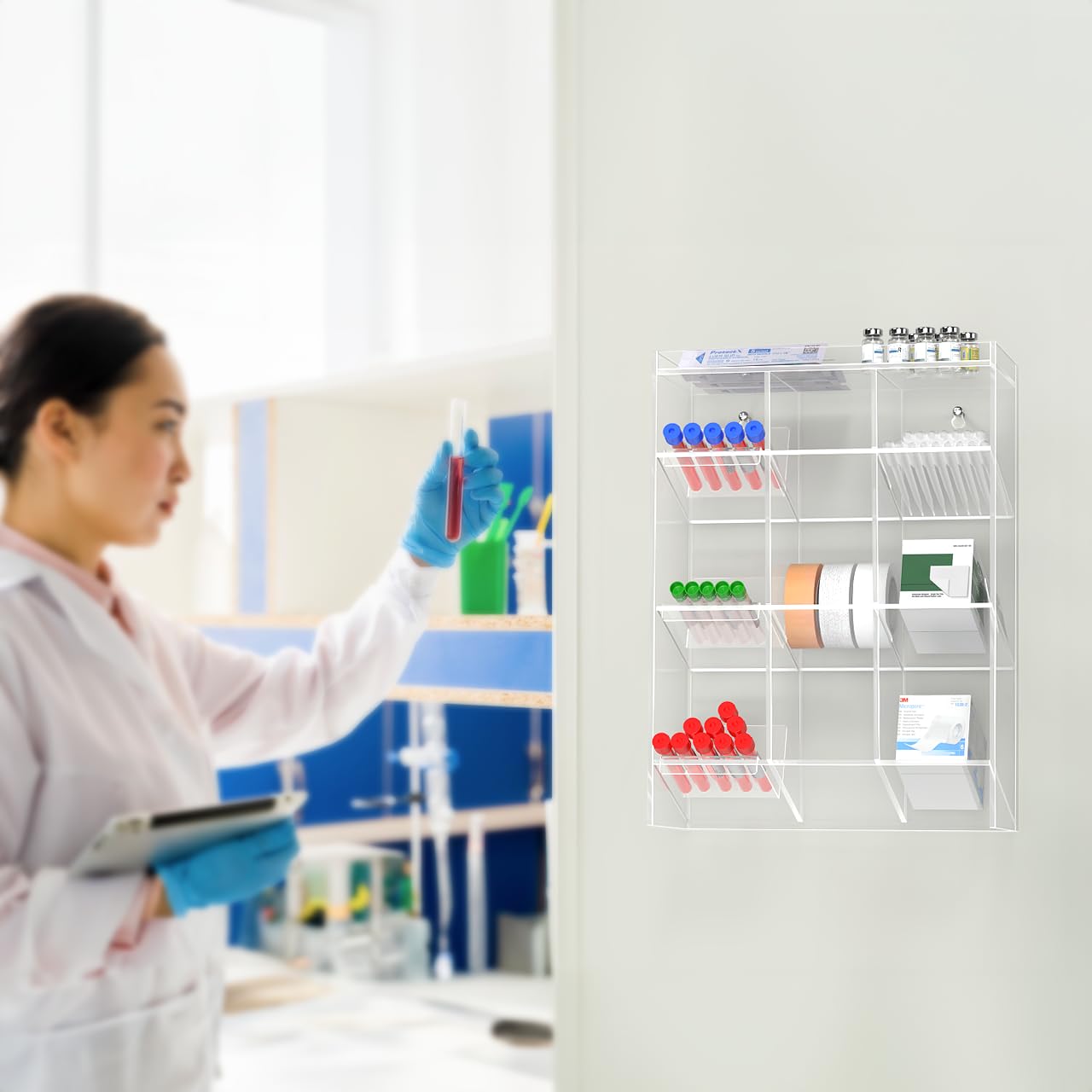 Tube Rack Clear Acrylic 9 Compartment 11.5" x 5.5" x 16" Wall Mount with Hanging Hardware or Countertop Phlebotomists Scientists Nurses Physicians Emergency Technicians by Marketing Holders