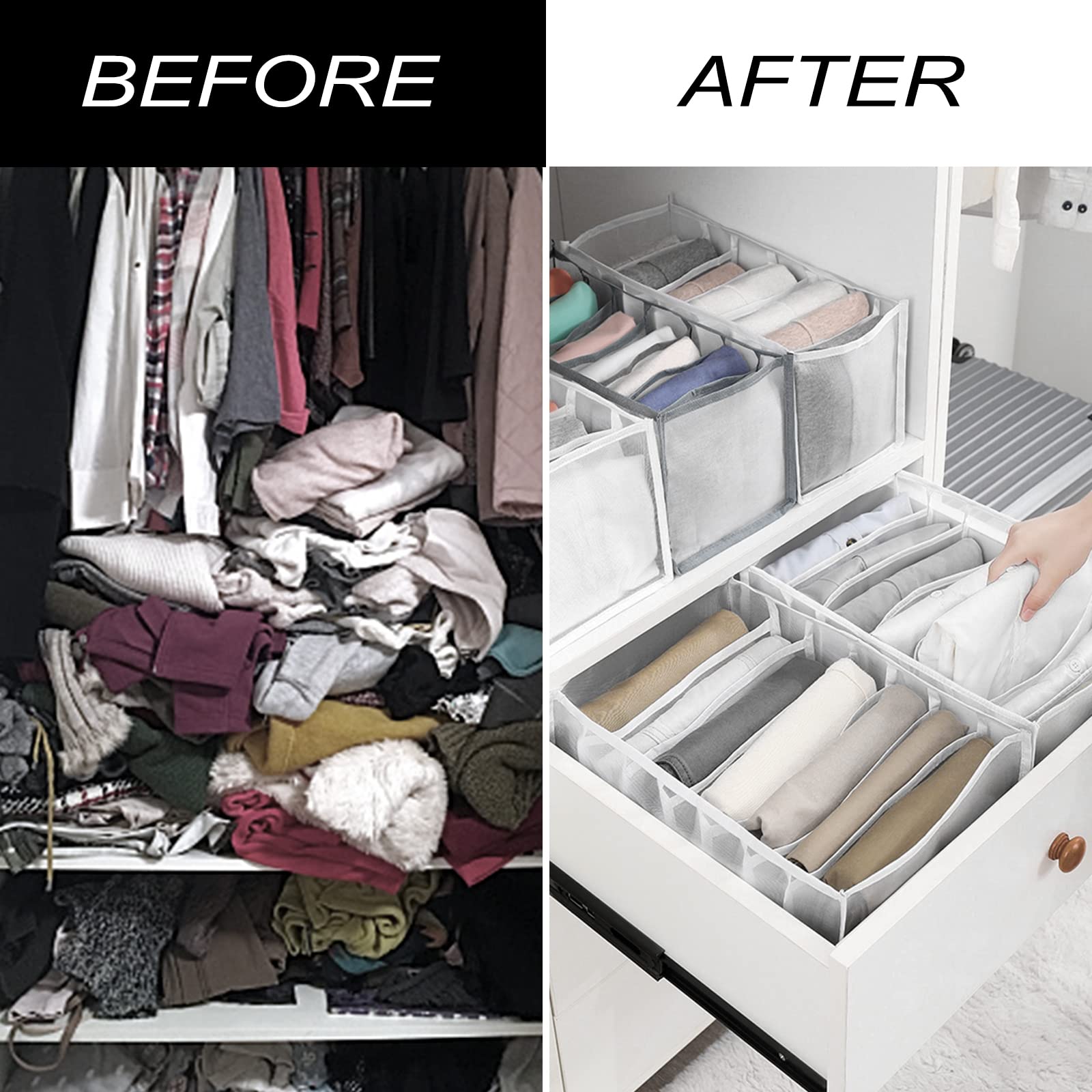 Evankin 2PCS Wardrobe Clothes Organizer - 7-Grid Drawer & Closet Storage Organizer - Nylon Mesh Organizer - Large Size for Jeans, Pants, Skirts (White)