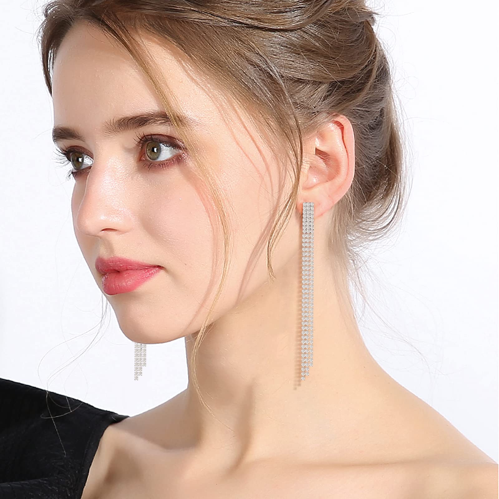 925 Silver Dangle Earrings Sparkling Long Tassel Chandelier Earrings for Wedding Prom Elegant Dangle Earrings for Women Girls