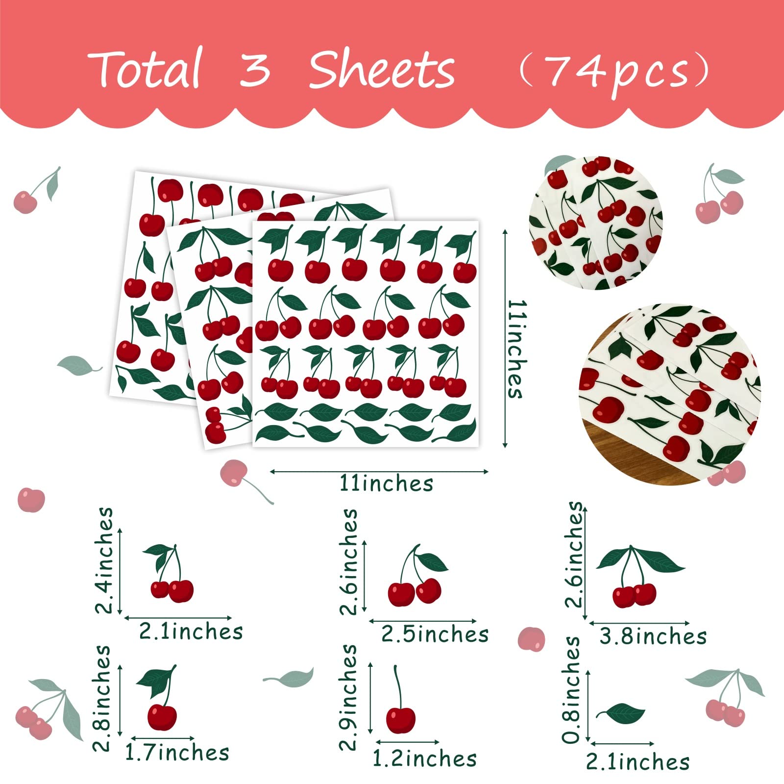 Cherry Wall Decal Fruit Wall Decals Peel and Stick Kitchen Wall Decals Cherries Green Leaf Wall Stickers Cherry Fruit Wall Stickers for Living Room Bedroom Nursery Decor