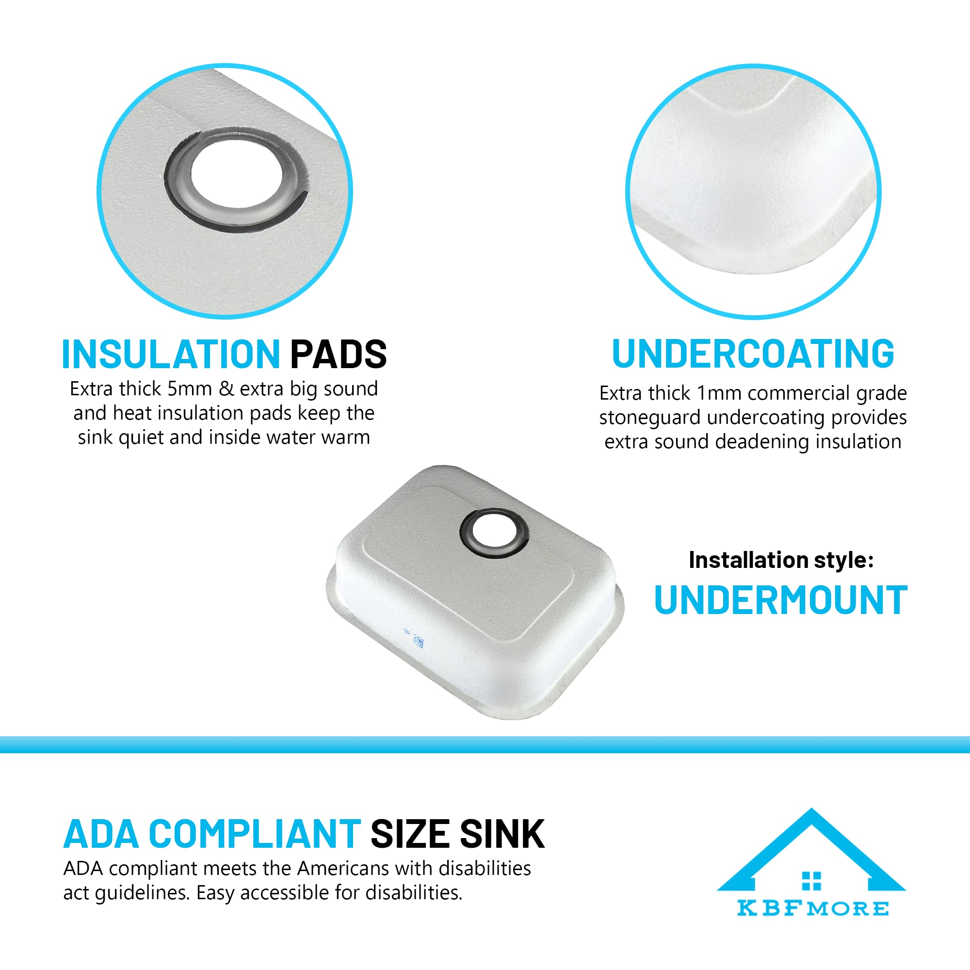 KBFmore 23 Inch Single Bowl ADA Compliant Stainless Steel Kitchen Sink, Rust Resistant Sound and Heatproof Shallow Drain 18 Gauge Undermount Sink with Sink Strainer and Removable Garbage Basket