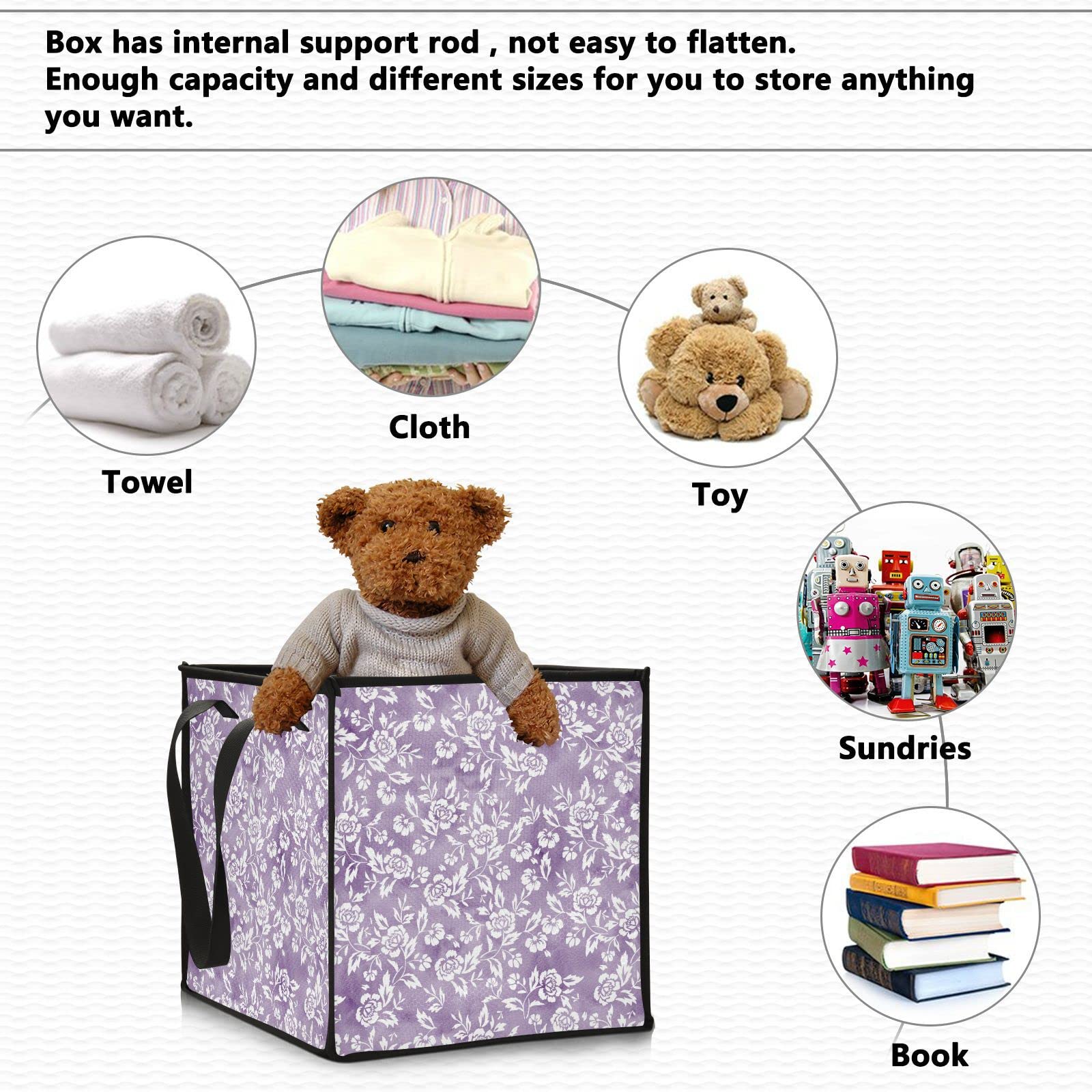 XIOMARA Foldable Storage Bins,Purple Pattern White Flowers Storage Baskets Cubes with Handles for Closet Nursery Office Grey and Black Trim (10.63x10.63x10.63in)