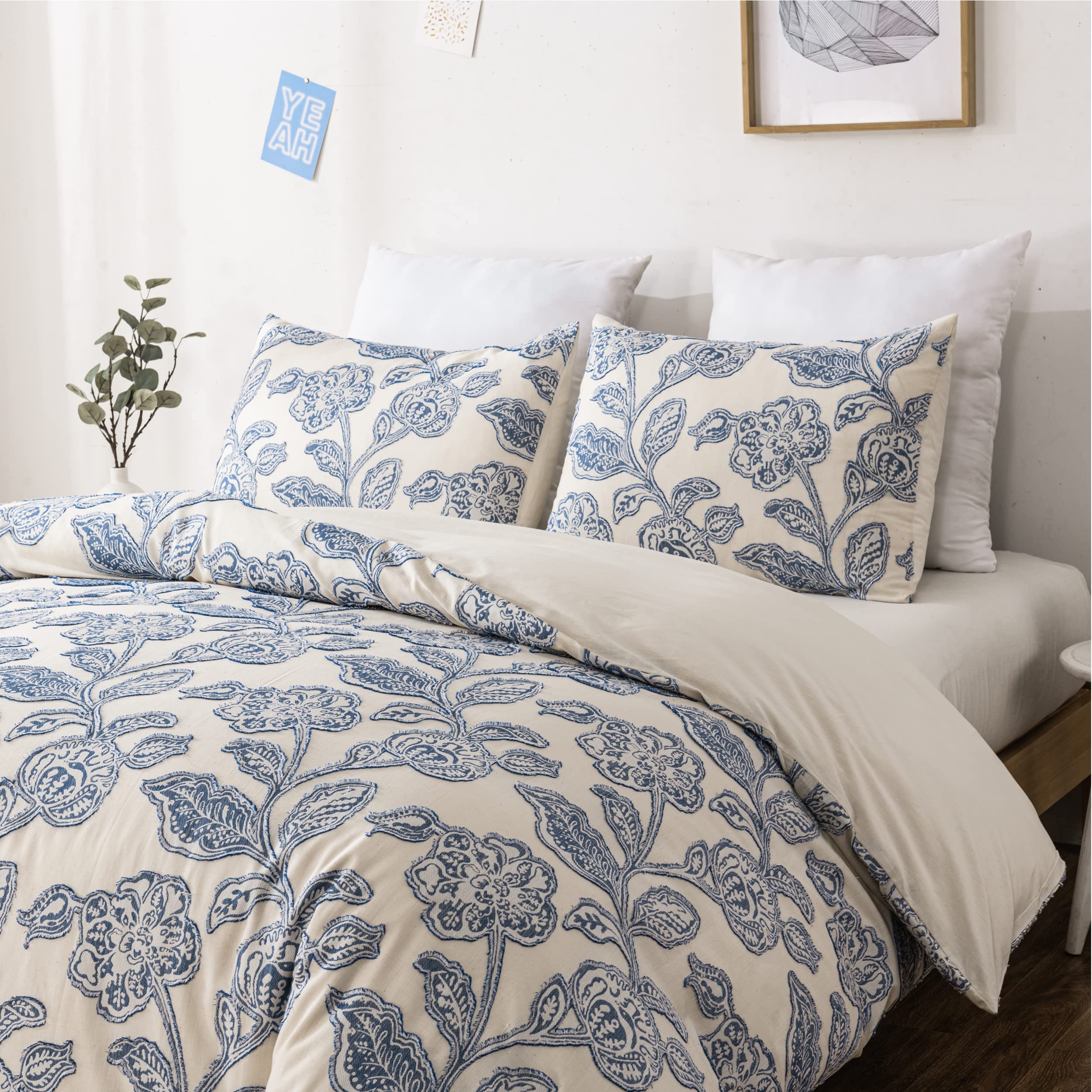 Duvetex 100% Floral Cotton Duvet Cover King Size Bedding Set Soft Textured Comfy Breathable Jacquard Comforter Duvet Cover with 2 Pillow Shams, Button Closure&Corner Ties, Blue Color