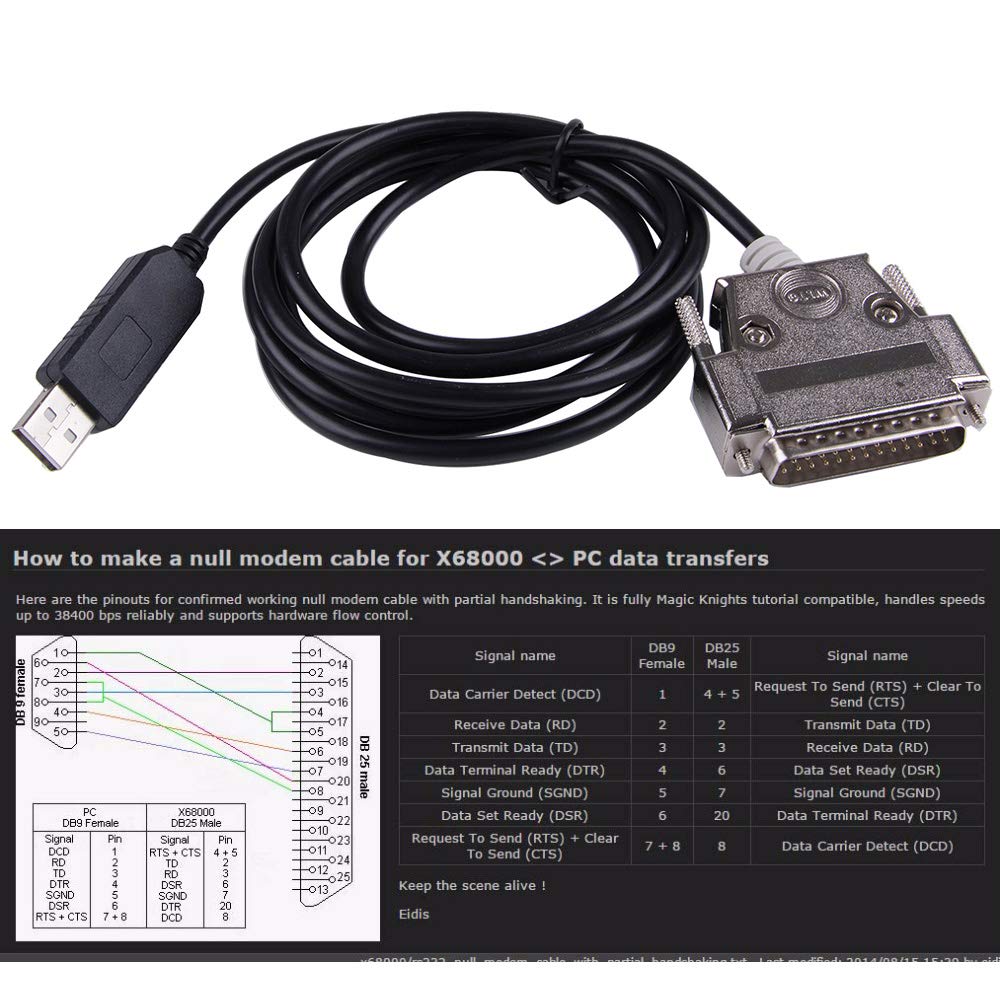 USB to DB25 RS232 Serial Adapter Converter Cable Null Modem for Sharp X68K X68000 PC Communicate Programming Cable