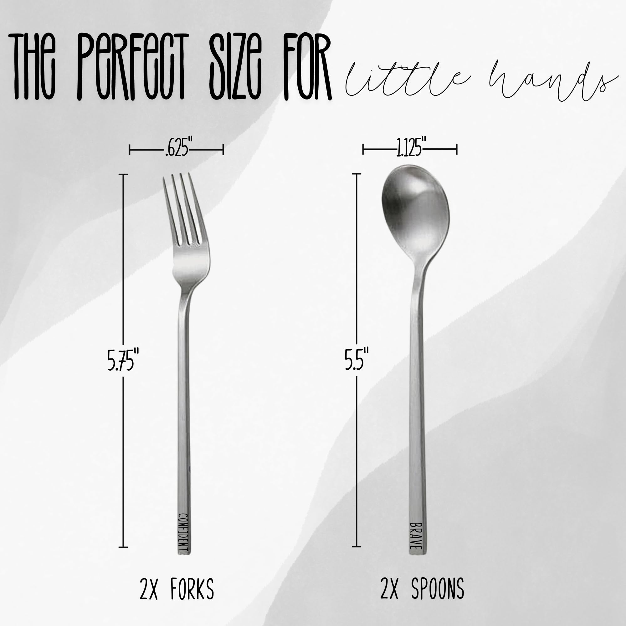 Toddler Spoons and Forks for Self Feeding | 4pc Stainless Steel Utensils Engraved with Positive Words to Encourage Eating | Ages 2-6 Kids Utensils