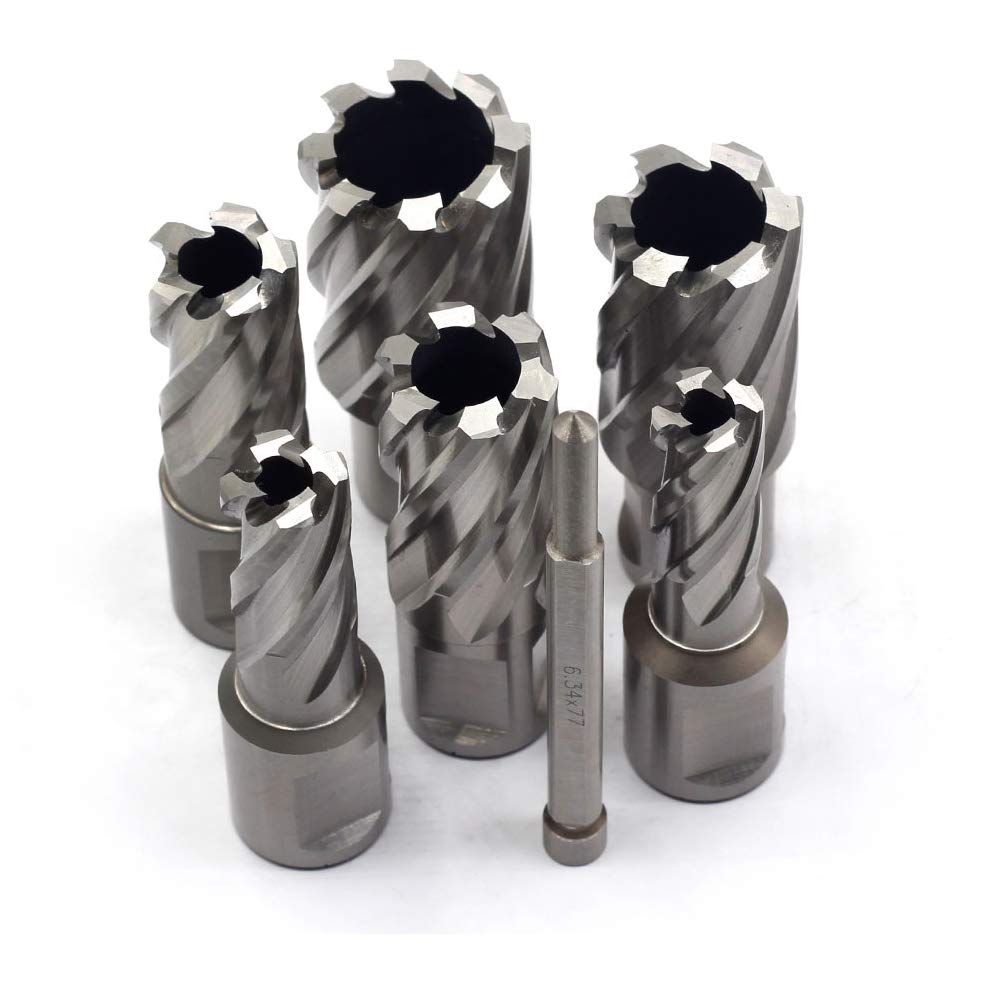 OSCARBIDE Annular Cutter Set 7 Pieces 3/4" Weldon Shank 1"Cutting Depth,1/2 to 1-1/16 inch Diameter,2 Flats Annular Cutters HSS Mag Drill Bits Kit for Magnetic Drill Press with 1 Pieces Pilot Pin