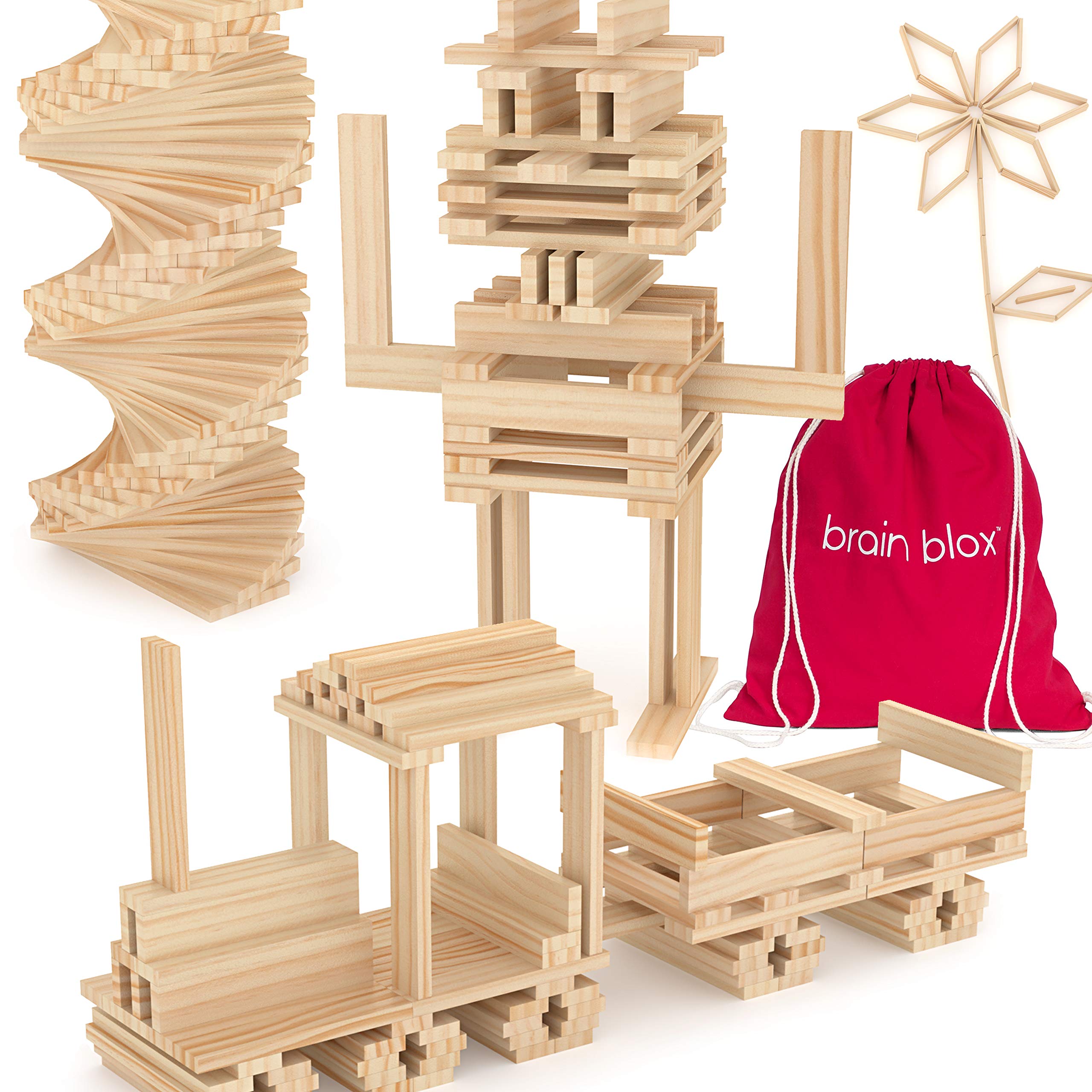 Brain Blox Natural Wooden Blocks for Kids Ages 4-8 - Montessori Blocks for Hands-on Learning - STEM and Architecture for Kids (100 Building Blocks)