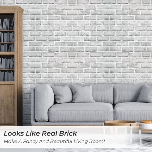 Coavas Peel and Stick Wallpaper Brick 17.7x118.1 Inches White Gray Removable Wallpaper Peel and Stick Self Adhesive Faux Brick for Bedroom Backsplash Laundry Room Accent Walls