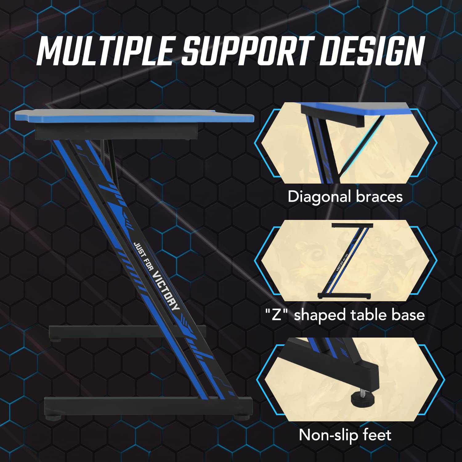 BestOffice Gmaing Desk Z Shaped 47 inch Gaming Workstation Ergonomic Gaming Table PC Computer Desk with Headphone Hook for Game Players, Blue