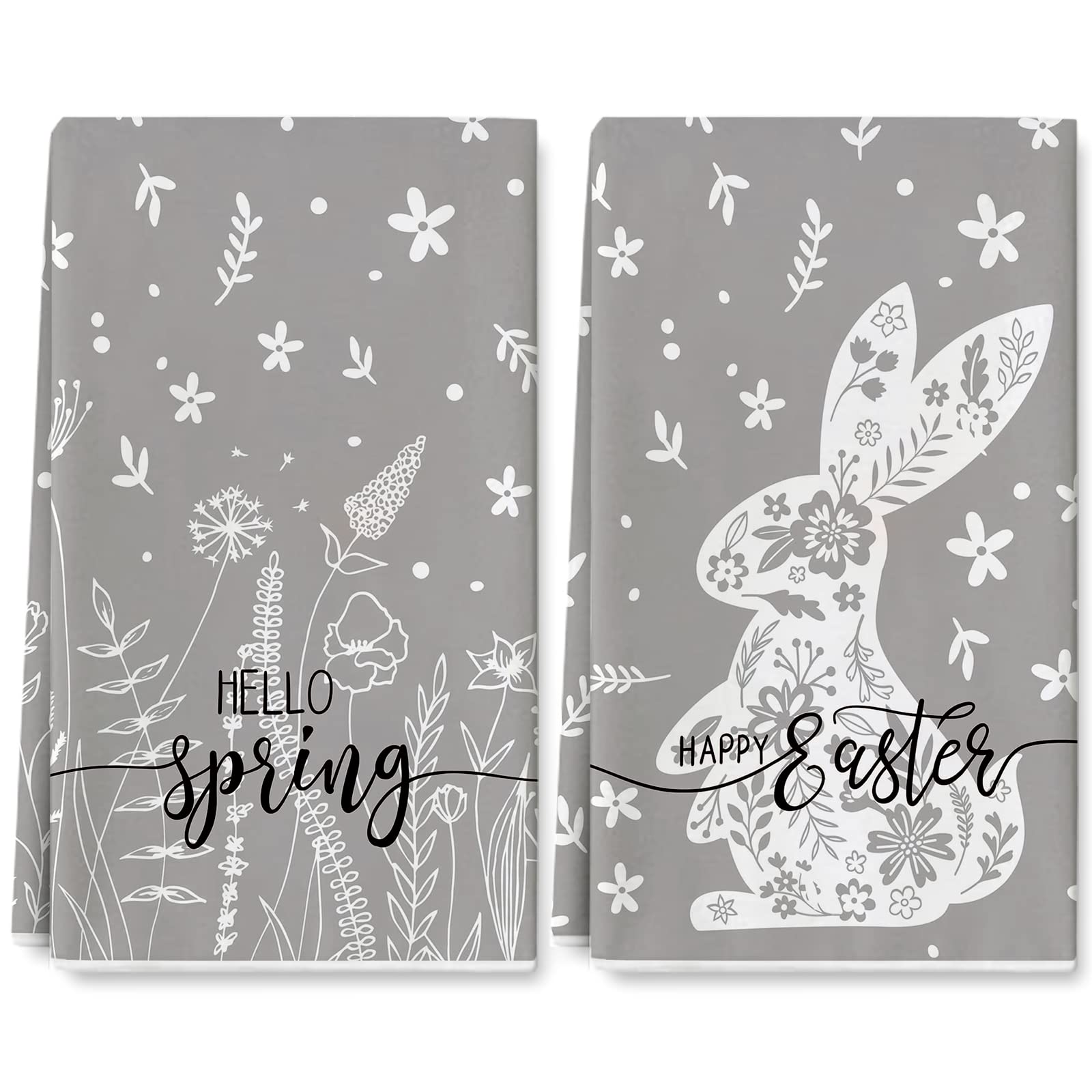 AnyDesign Easter Spring Kitchen Towel Gray Farmhouse Easter Bunny Rabbit Floral Dish Towel 18 x 28 Inch Rustic Hand Drying Tea Towel for Cooking Baking Cleaning Wipes, Set of 2