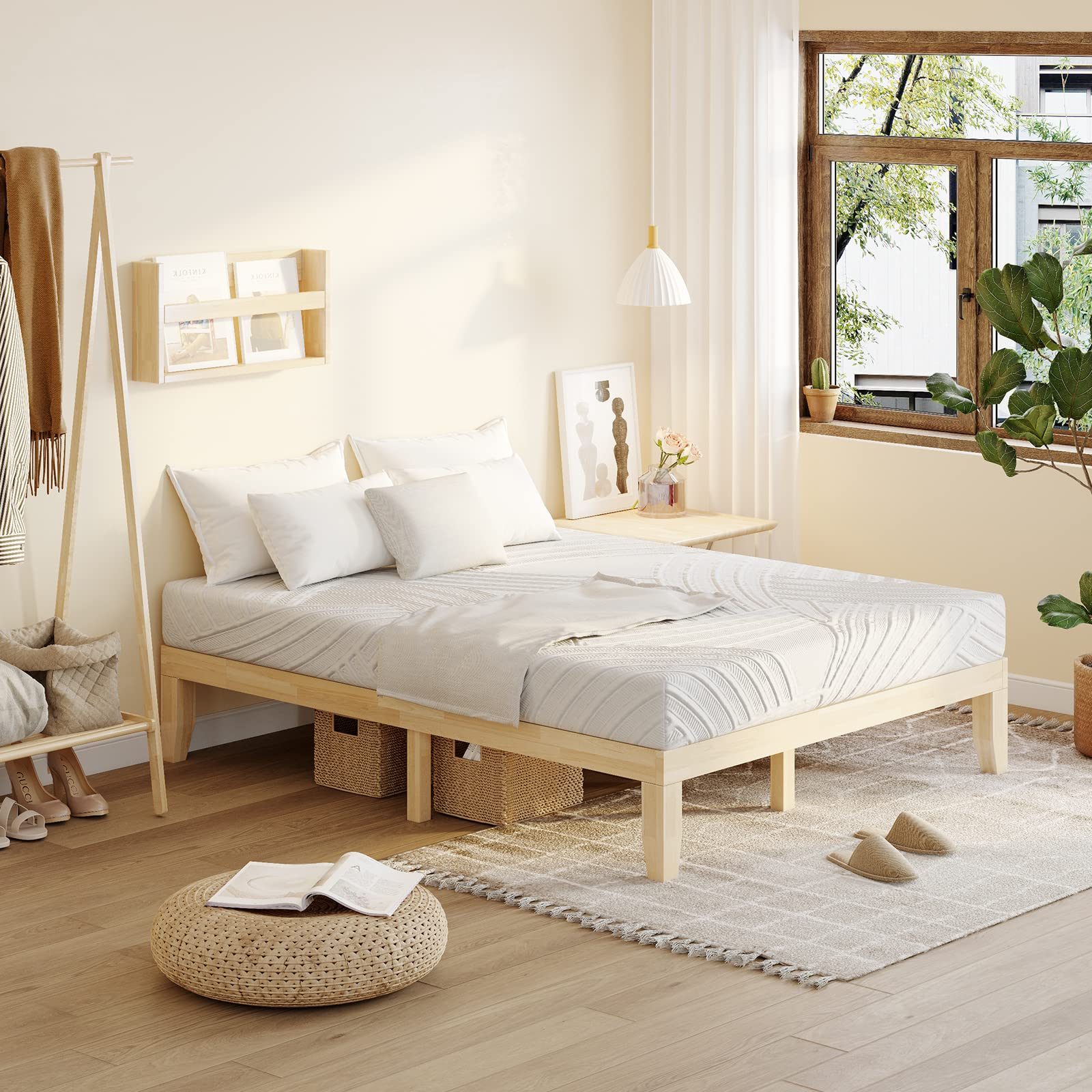 KOMFOTT 14 Inches Wood Platform Bed Frame King Size, Solid Wood Mattress Foundation with Rubber Wood Frame, Strong Poplar Wood Slat Support, No Box Spring Needed, Bed Frame (Natural)