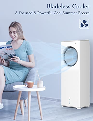 COMFYHOME Bladeless Evaporative Cooler, 3-IN-1 Windowless Portable Air Conditioner, 20ft Remote, 3 Wind Speeds Tower Fan & 8H Timer, 40°Oscillation, 32-INCH Evaporative Air Cooler for Home & Room