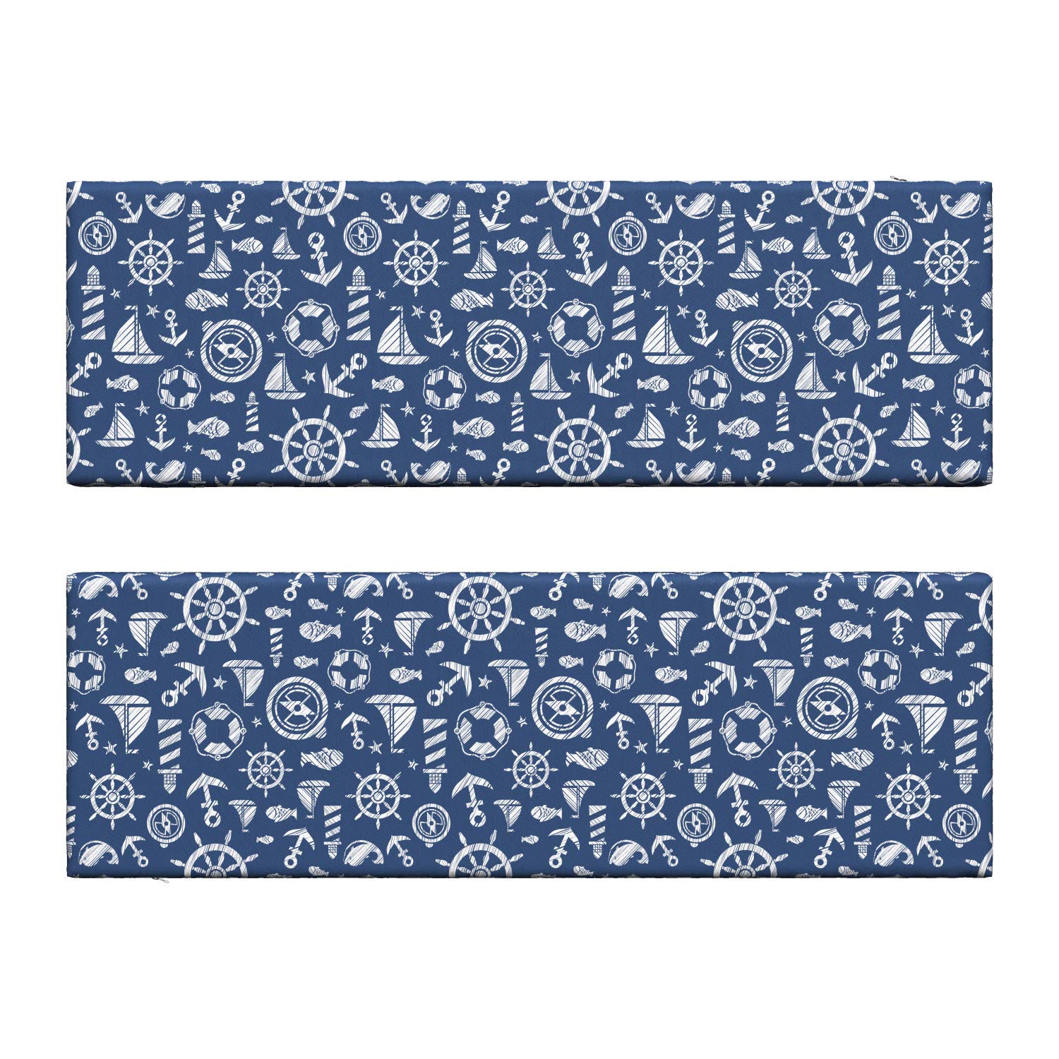 Ambesonne Sailboat Bench Cushion Set of 2, Diagonal Hatched Nautical Elements Ship's Wheel Anchor and Marine Animals, Standard Size Foam Pad and Decorative Cover, 45" x 15" x 2", White Blue