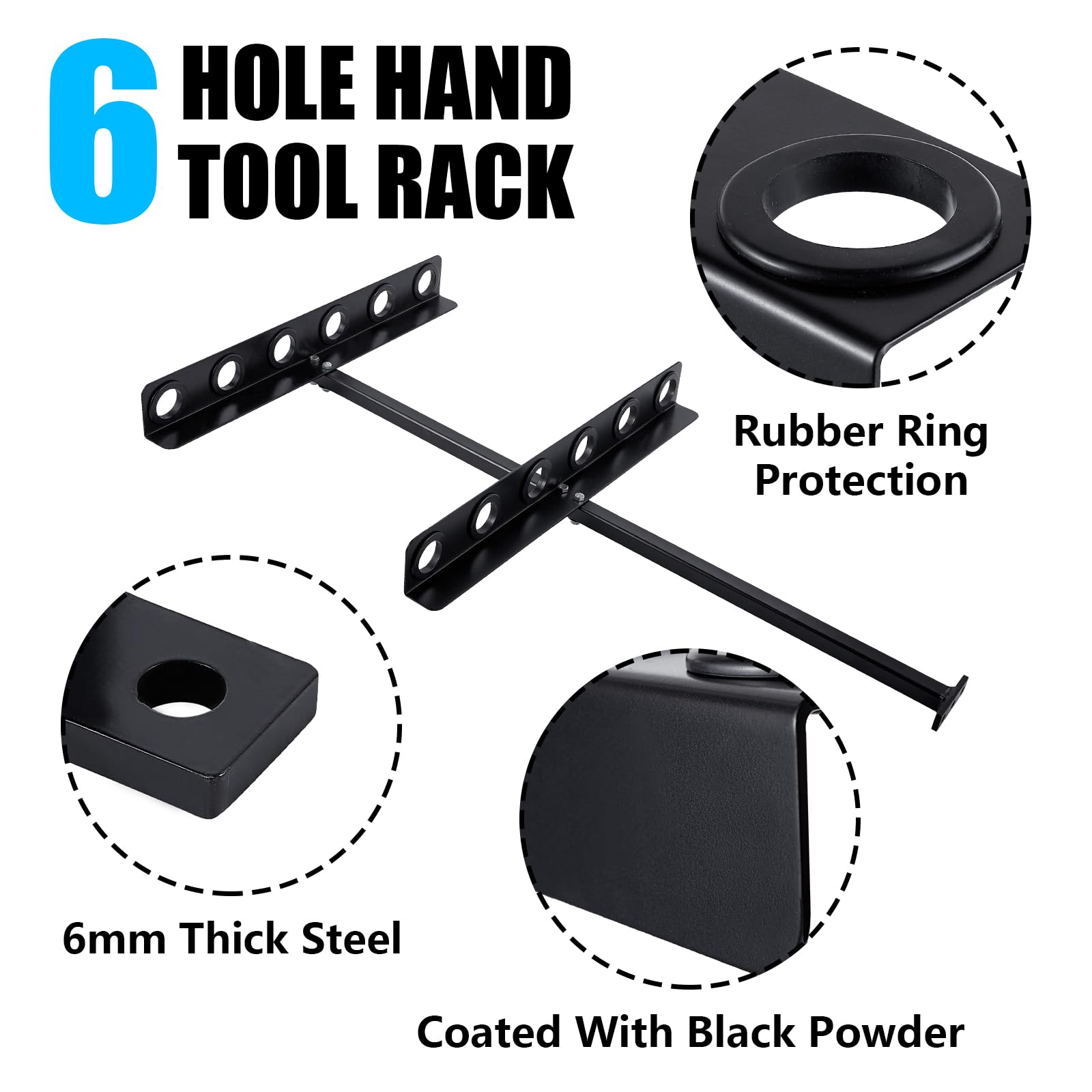 TECTRUC Vertical Hand Rack Landscape Hand Tool Rack,6 Holes Long Handle Tool Storage Holder for Truck Trailer& Garage or Shed Walls Holds 6 Tools for Shovels, Rakes, Hoes(1 Pack, Black)