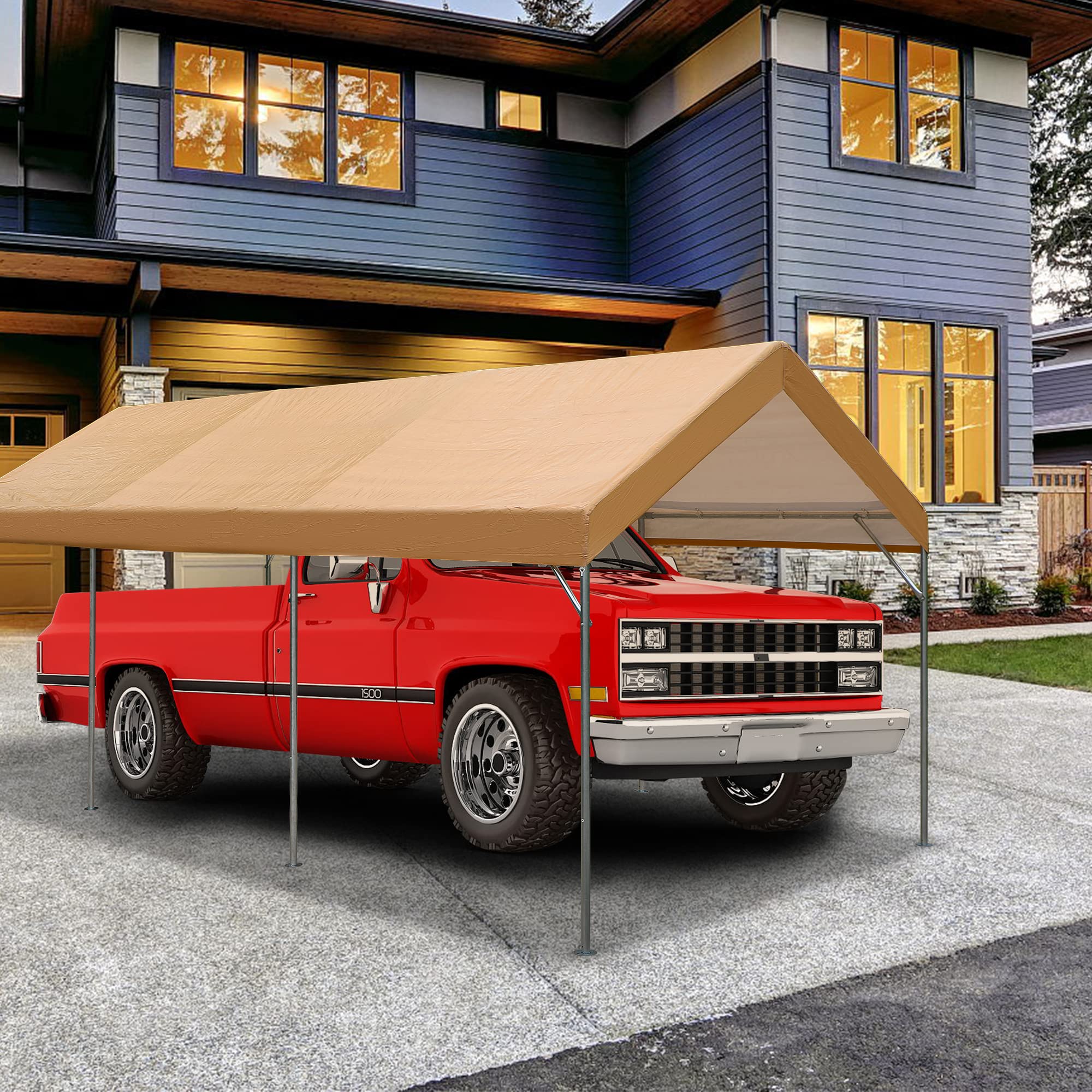 PHI VILLA 10x20 ft Heavy Duty Carport Car Canopy Garage Boat Shelter Party Tent(ith 4 Sand Bag),Beige