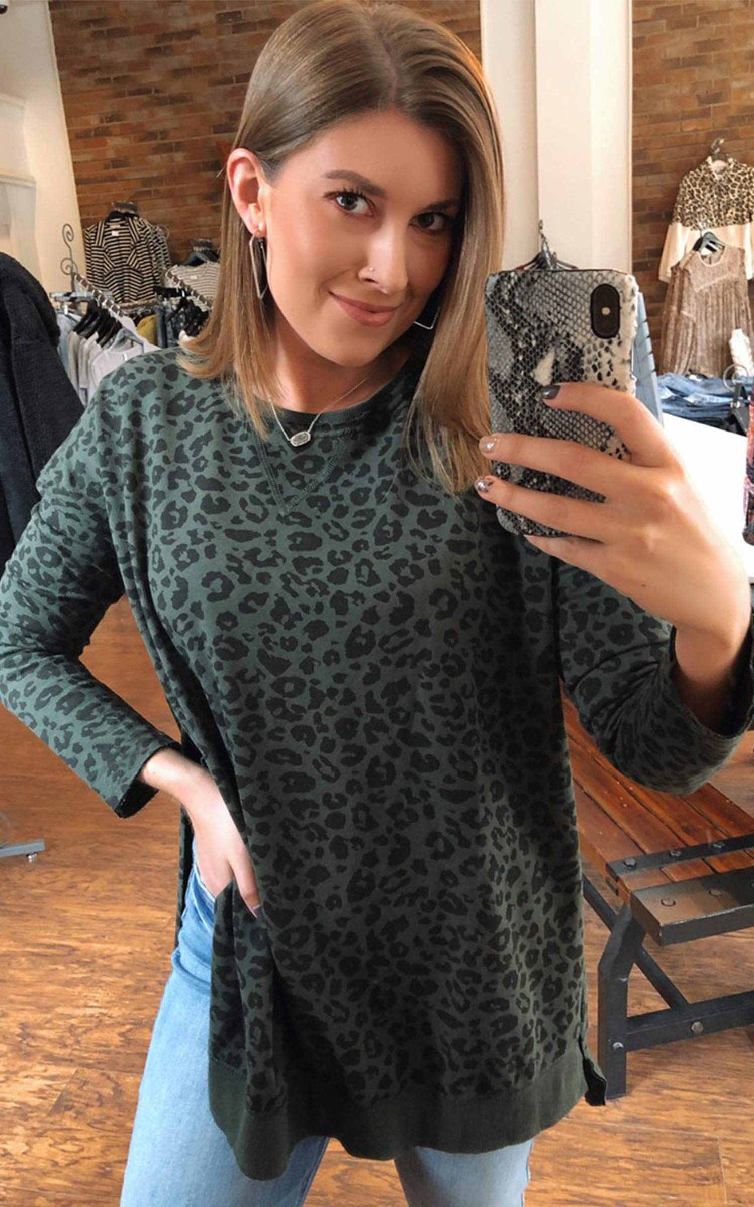 Angashion Women's Sweatshirts - Casual Leopard Print Crewneck Long Sleeve Oversized Pullover Tunic T Shirts Tops Grey Green S