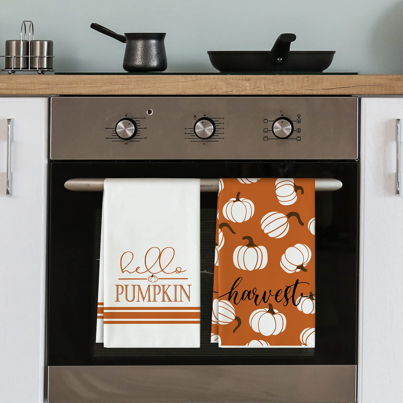 AnyDesign Fall Kitchen Dish Towel 18 x 28 Inch Hello Pumpkin Thanksgiving Harvest Tea Towel Autumn Orange White Dishcloth Rustic Farmhouse Hand Drying Cloth Towel for Kitchen Cooking Baking, 2 Pack