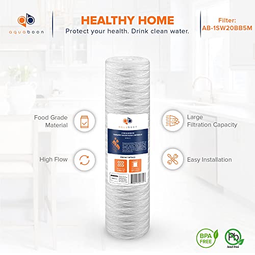 Aquaboon 5 Micron 20"x4.5" String Wound Sediment Water Filter Cartridge | Whole House Sediment Filtration | Compatible with PC40-20, WP1BB20P, 355222-45, WPP-45200-01, WPP-45200-01, 84650, 2-Pack