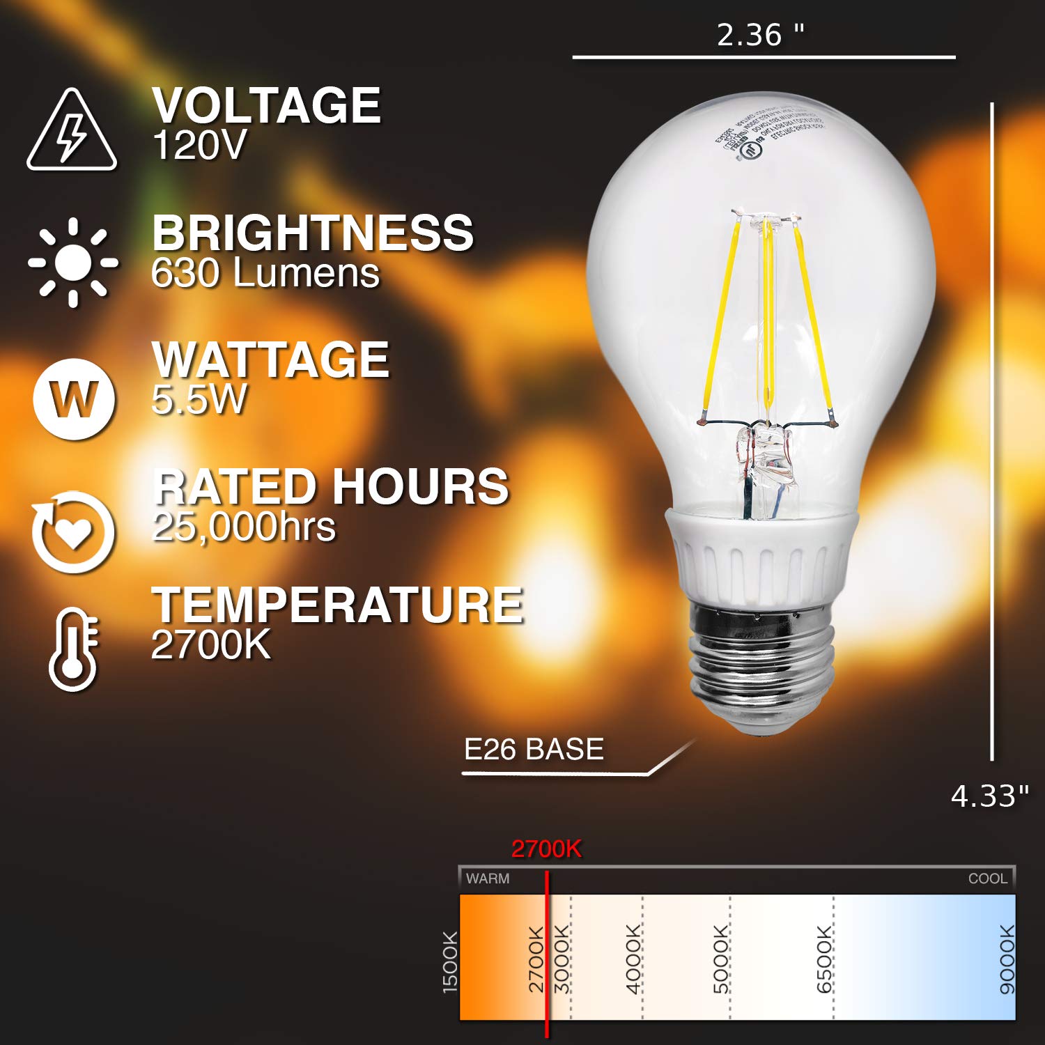 A19 LED Edison Light Bulbs, 5.5W, Replacement for 40 Watt Bulbs, 50 Watt & 60 Watt, 630 Lumens, Warm White 2700K LED Filament Bulb, E26 Medium Screw Base, Non Dimmable, Clear Glass, (6 Pack)