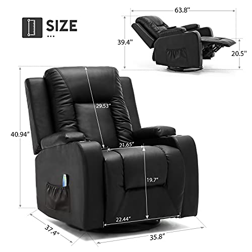 COMHOMA Leather Recliner Chair Modern Rocker with Heated Massage Ergonomic Lounge 360 Degree Swivel Single Sofa Seat with Drink Holders Living Room Chair (Black)