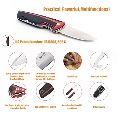8.8in Survival Knife Outdoor Jungle Knives 9CR18 German High Carbon Steel Drop Point Tactical Knife Bone Saw Gut Hook LED Light 4 in 1 Knives with Nylon Sheath Red Black
