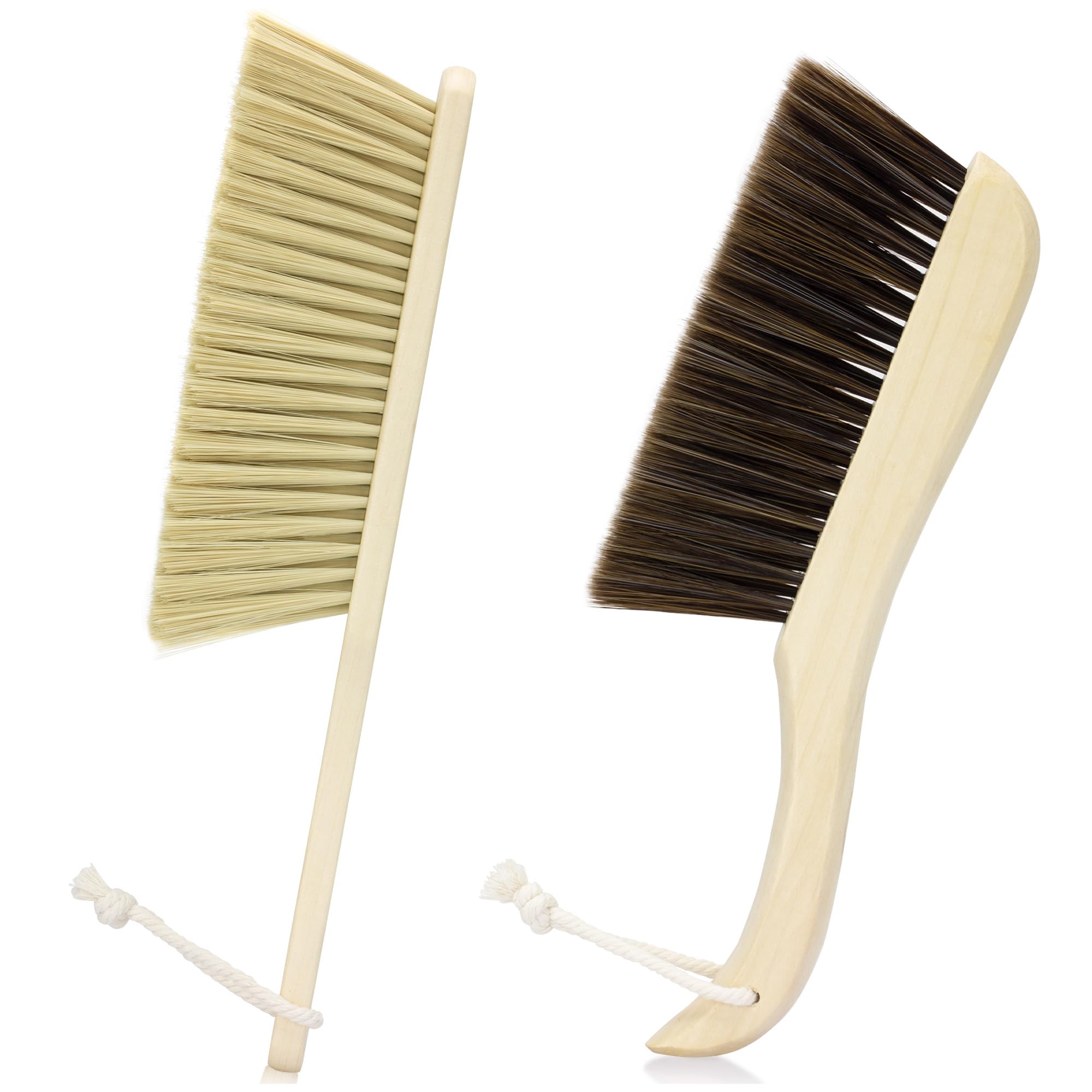 ABuYanOIn 2-Pack Cleaning Brush Set, Wooden Handheld Dusting Brushes with Soft Bristles for Car, Bed, Countertop & Furniture (Crank, Brown & Straight Handle, Khaki)