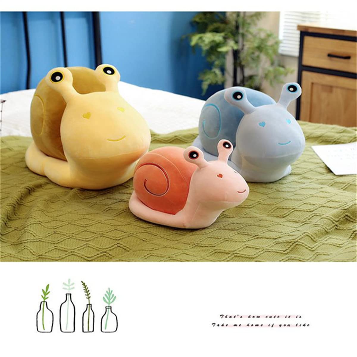 SEENEEY Cute Cartoon Snail Doll Plush Toy Children's Birthday Gift Big Snail Pillow Doll, Yellow, 11.8 Inches.
