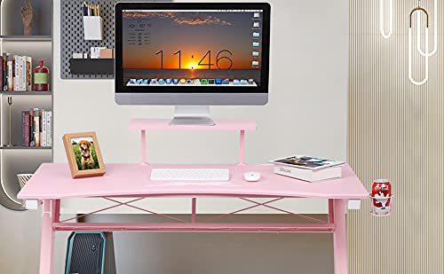 ErgoDesign Gaming Desk with Z Shaped Legs, Professional Game Work Station, PC Gamer Table with Stand Cup Holder & Headphone Hook (White/Pink)