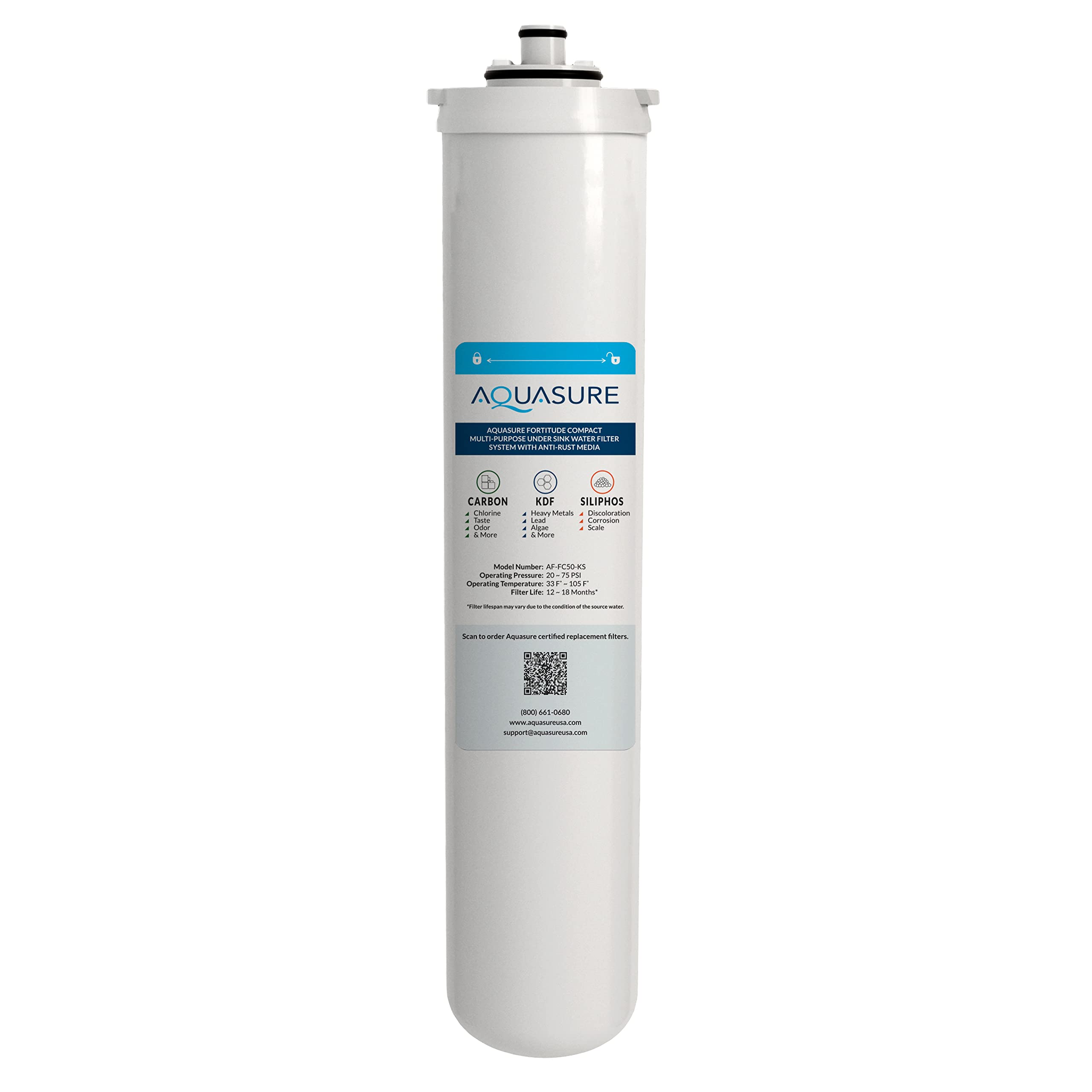 Aquasure Fortitude Compact 10K Gallons Under Sink Multi-Purpose Replacement Filter with Carbon/KDF/Siliphos Anti-Rust Media, Reduces Chlorine, Chemicals, Scale, Bad Taste & Odor for AS-FC50-CKS