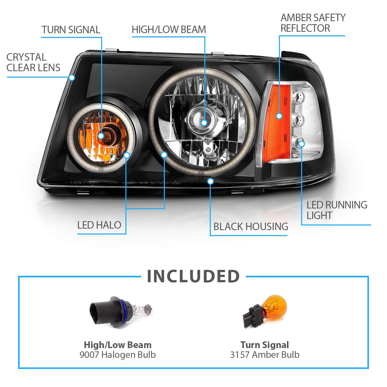 AmeriLite 1pc Black Replacement Headlights Corner Dual LED Halo Set For 01-11 Ford Ranger - Passenger and Driver Side